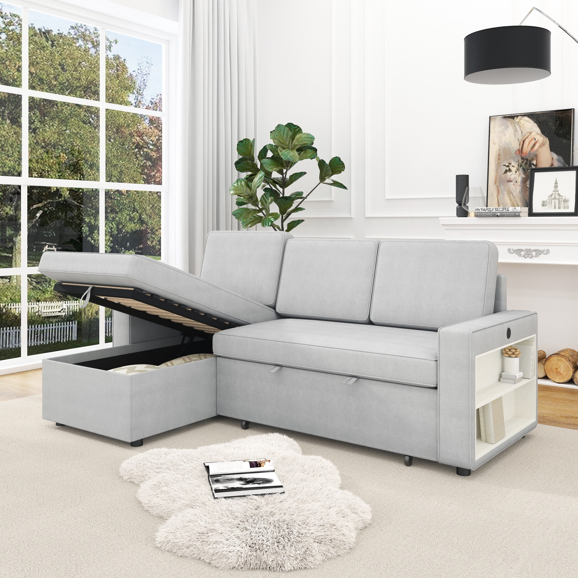 Sleeper Sofa L-Shaped Couch with Storage Chaise & Storage Racks ...