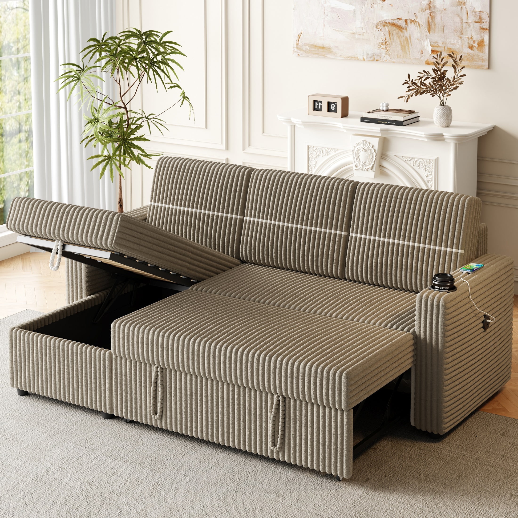 Sleeper Sofa, L Shaped Sectional Sofa with Pull Out Couch Bed, Two Cup ...