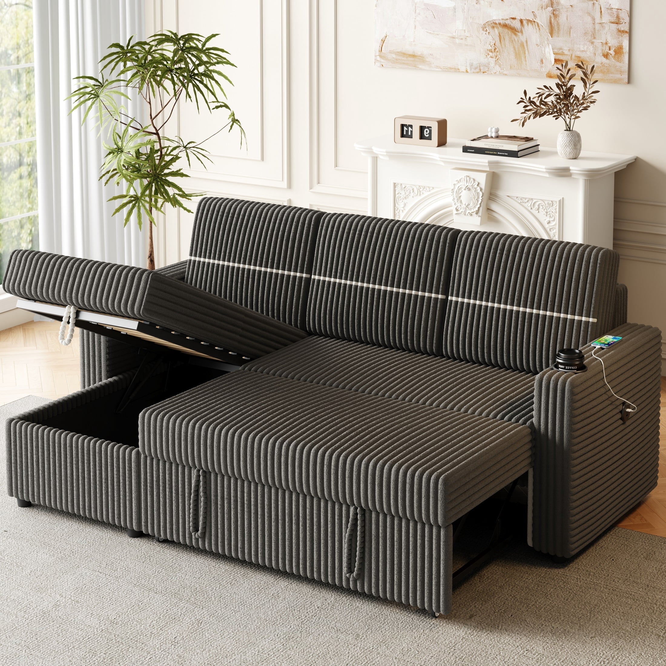 Sleeper Sofa, L Shaped Sectional Sofa with Pull Out Couch Bed, Two Cup ...