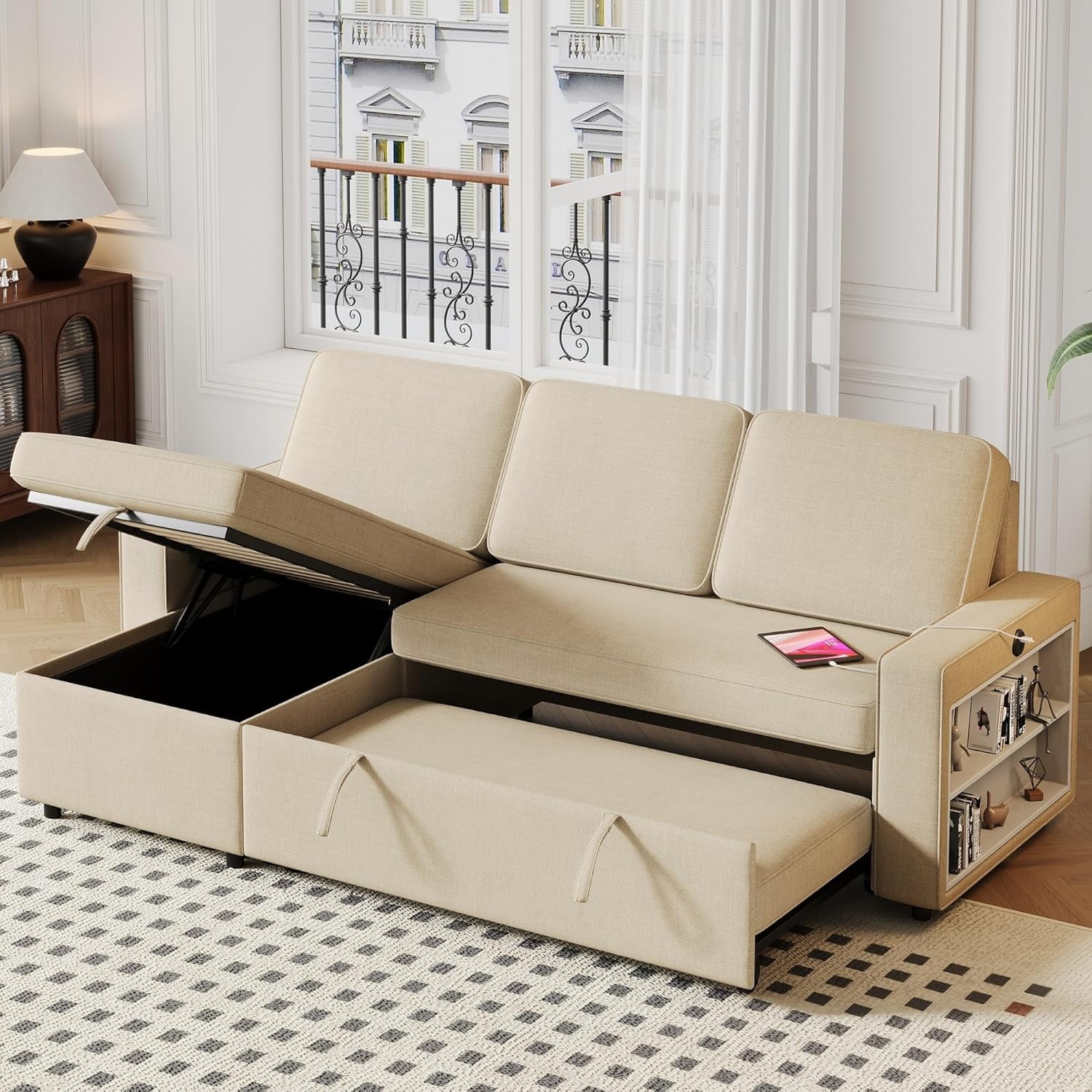 Sleeper Sofa, L Shaped Sectional Sofa with Pull Out Couch Bed and USB ...