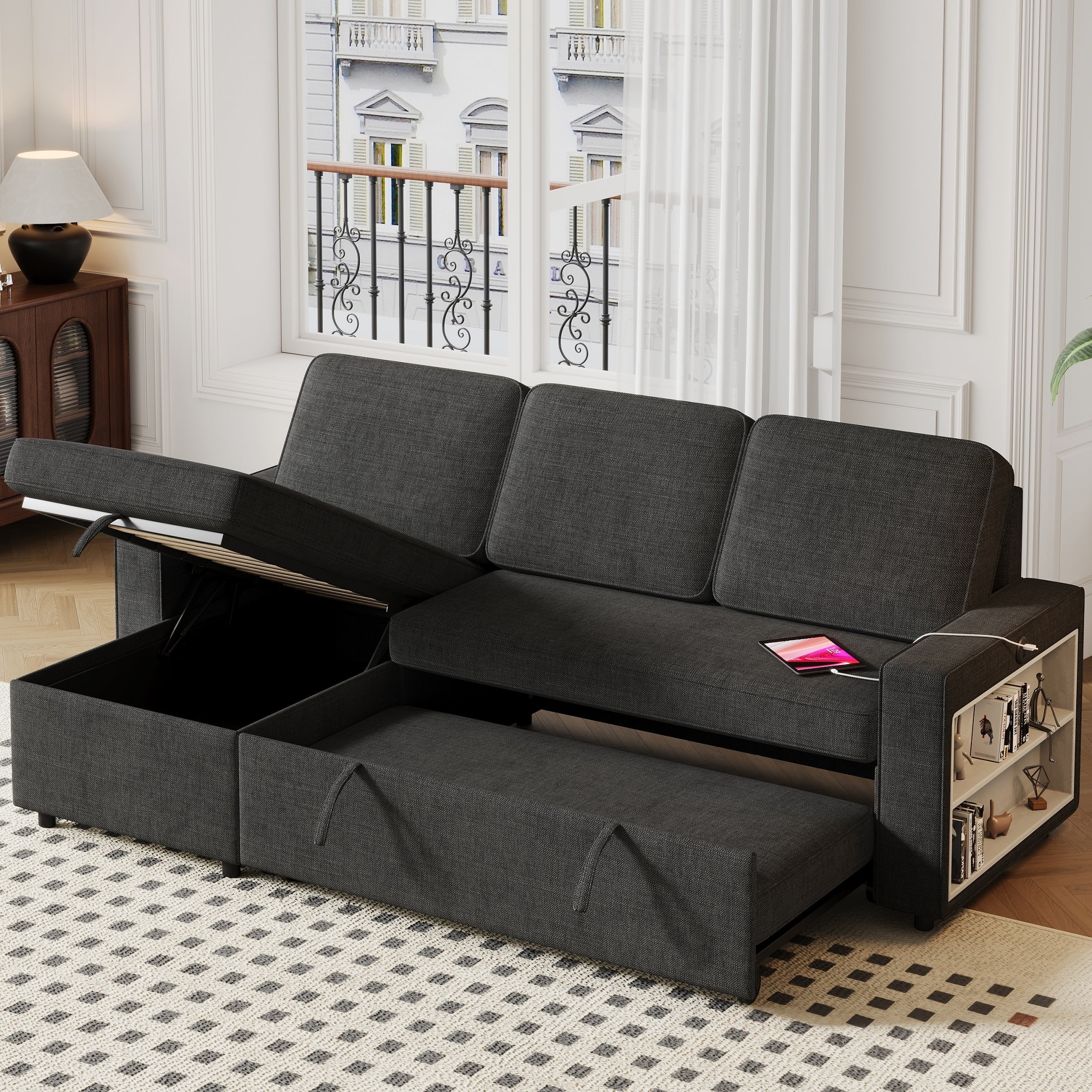 Sleeper Sofa, L Shaped Sectional Sofa with Pull Out Couch Bed and USB ...