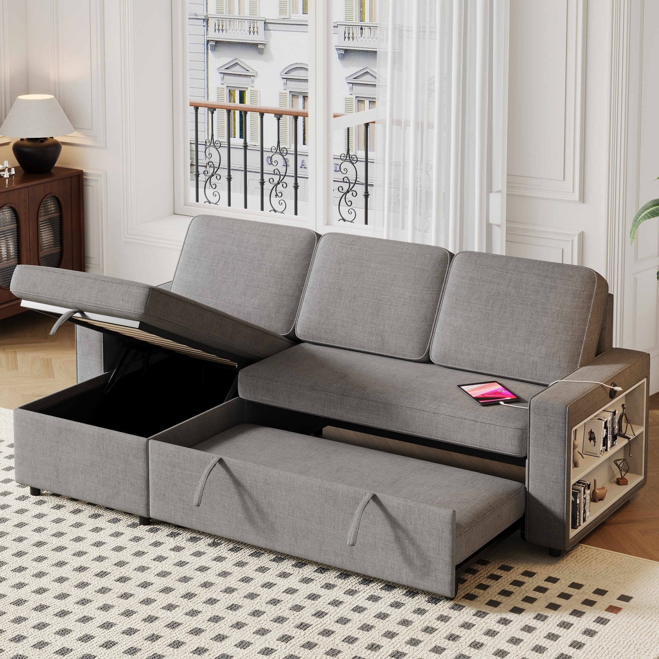 Sleeper Sofa, L Shaped Sectional Sofa with Pull Out Couch Bed and USB ...
