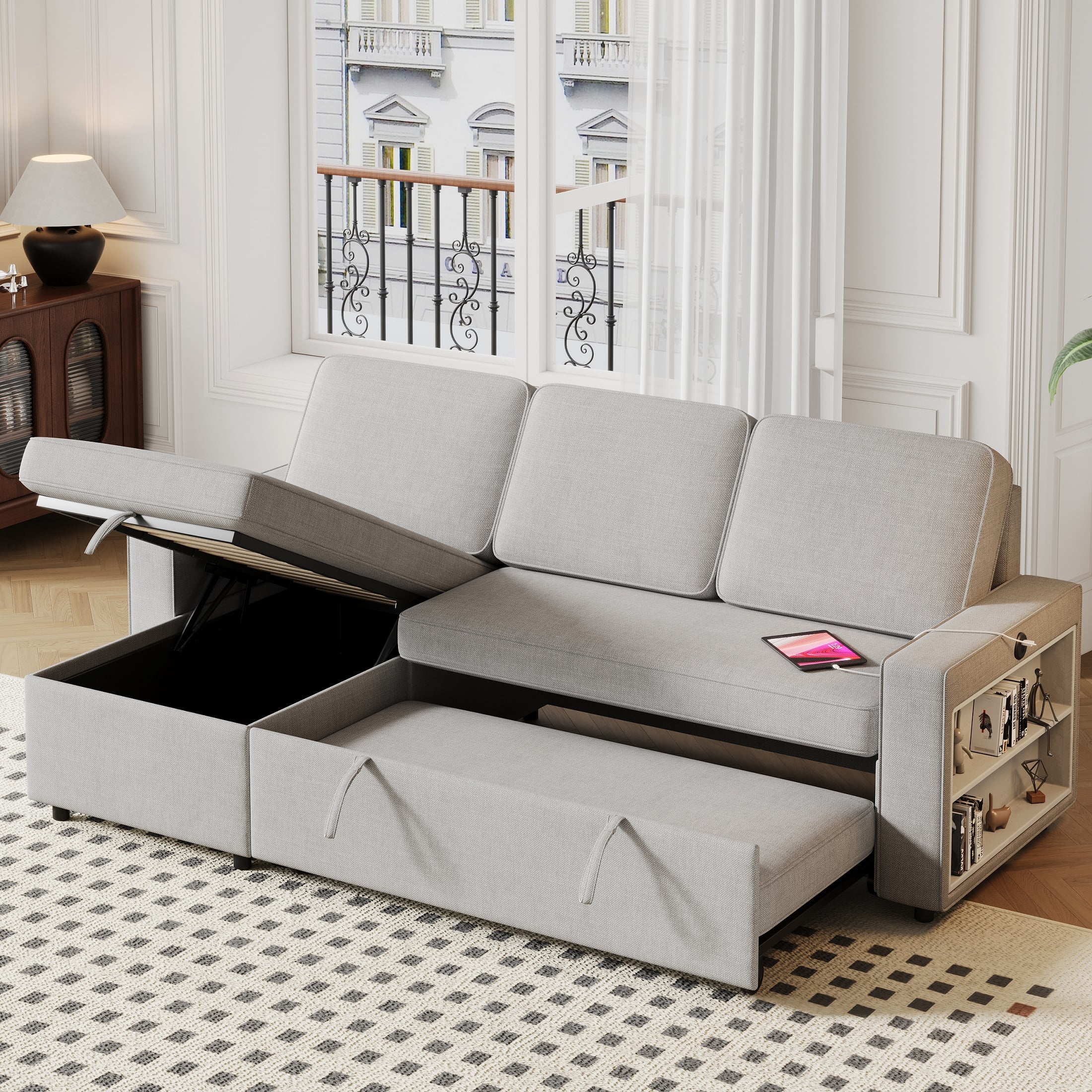 Sleeper Sofa, L Shaped Sectional Sofa with Pull Out Couch Bed and USB ...