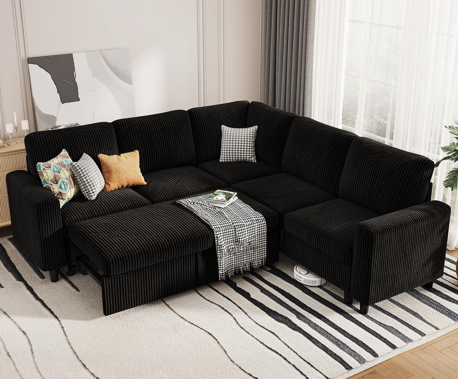 Sleeper Sofa with Pull Out Bed, Corduroy Sectional Couches for Living ...