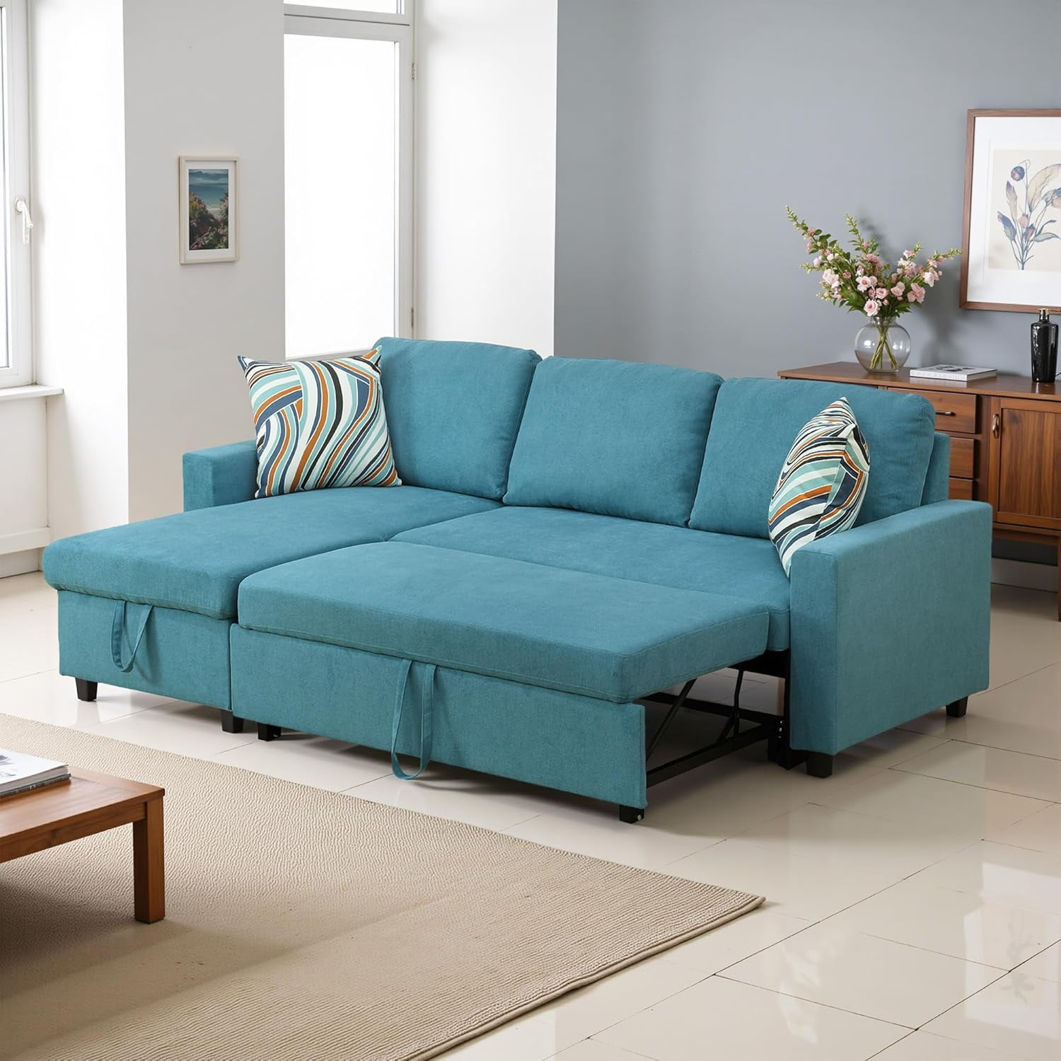 Sleeper Sofa With Pullout Bed L Shaped Couch Upholstered Flannelette Fabric Sofas Convertible ...