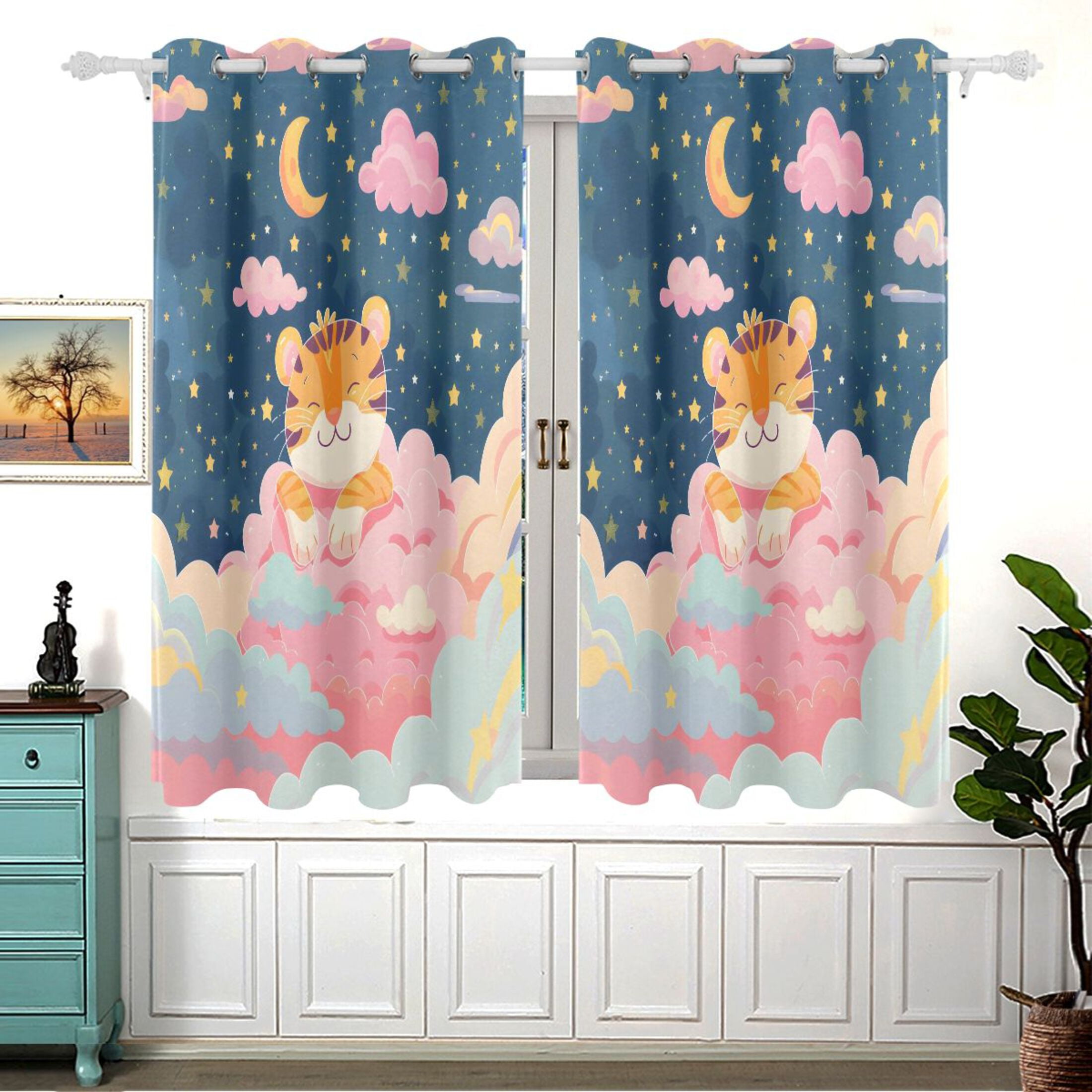 Sleeping Animals Stars Moon Curtains Drapes with Grommets 2 Panels 54 ...