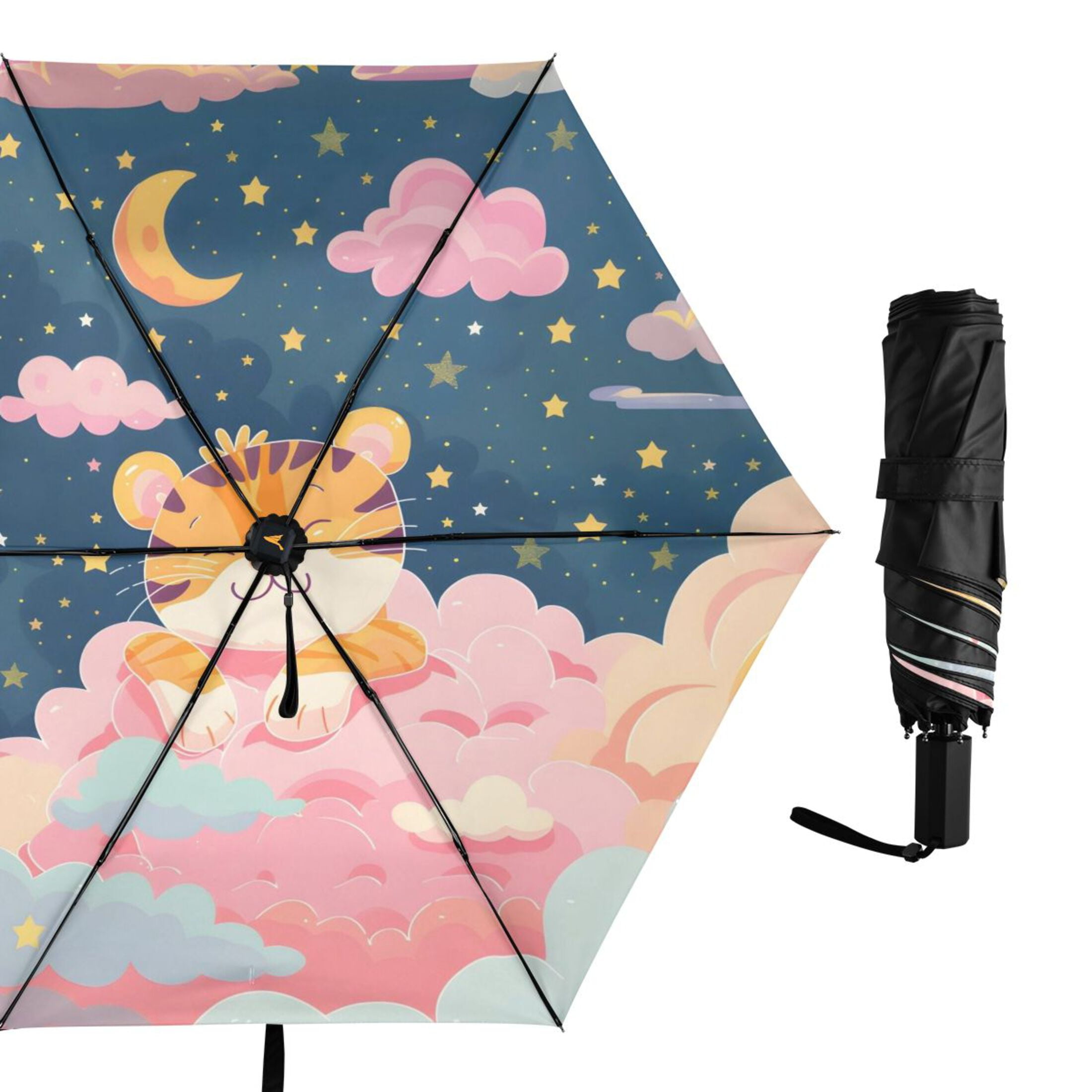 Sleeping Animals Stars Moon Triple Folding Umbrella Parasol 6 Ribs UV ...