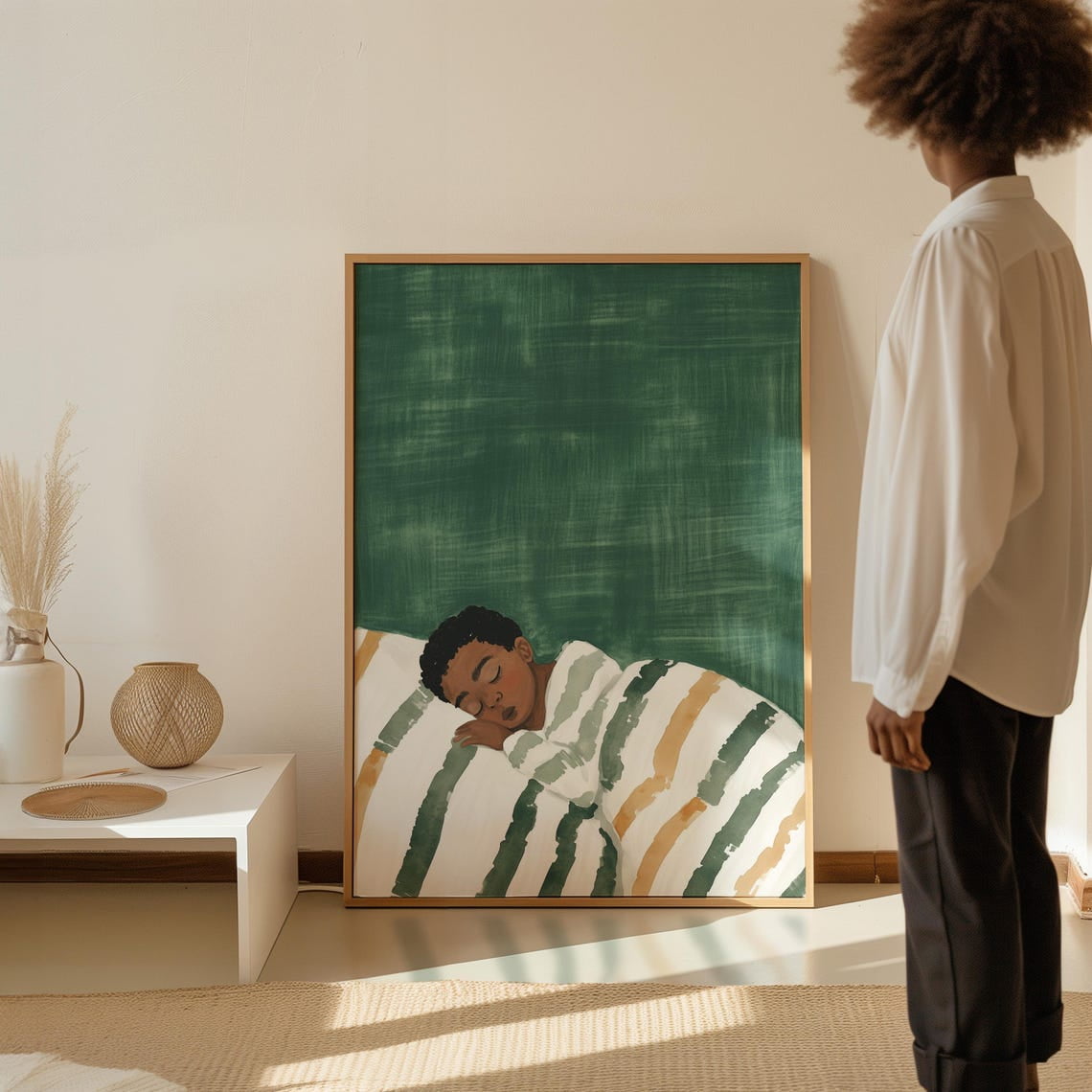 Sleeping Baby Print, Modern Nursery Wall Art, Striped Blanket Baby Art, Green Bedroom Decor ...