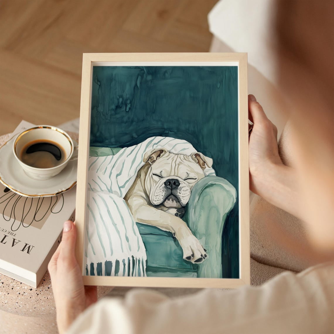 Sleeping Bulldog Dog Art Print, Cozy Bulldog On Couch Painting, Dog ...