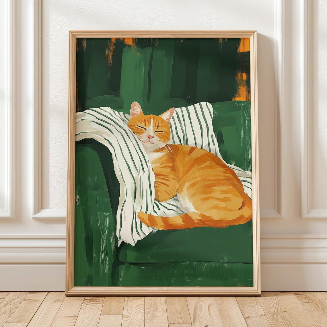Sleeping Cat Art Print, Modern Abstract Cat Wall Art, Emerald Green ...