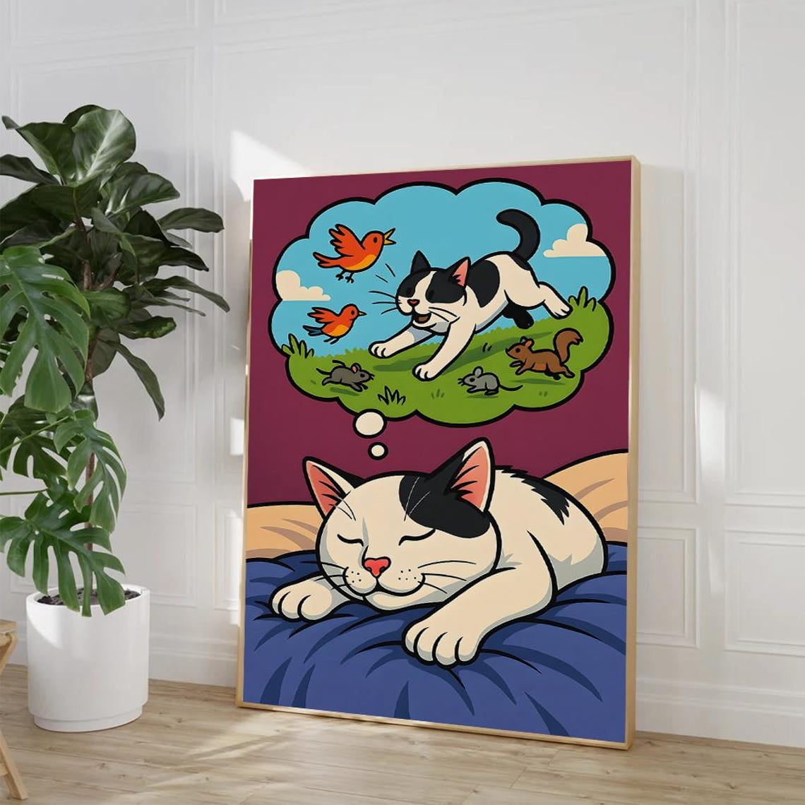 Sleeping Cat Wall Art Playful Cartoon Animal Poster, Nursery Decor Home ...