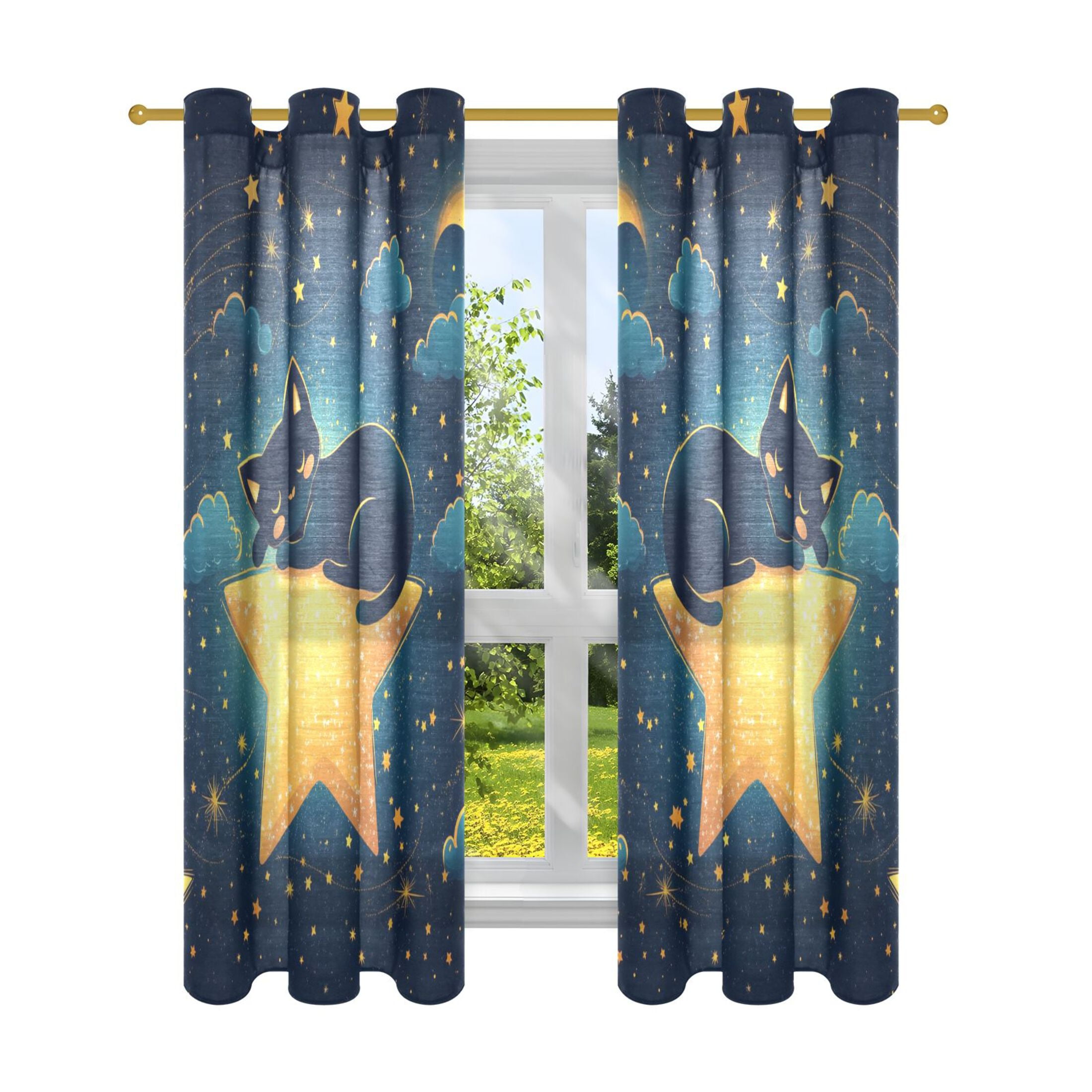 Sleeping Cat in Starry Night Semi Sheer Curtains for Living Room ...