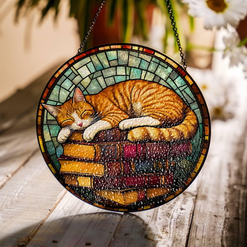 Sleeping Cat on Books Stained Glass Cat Memorial SunCatcher Light ...