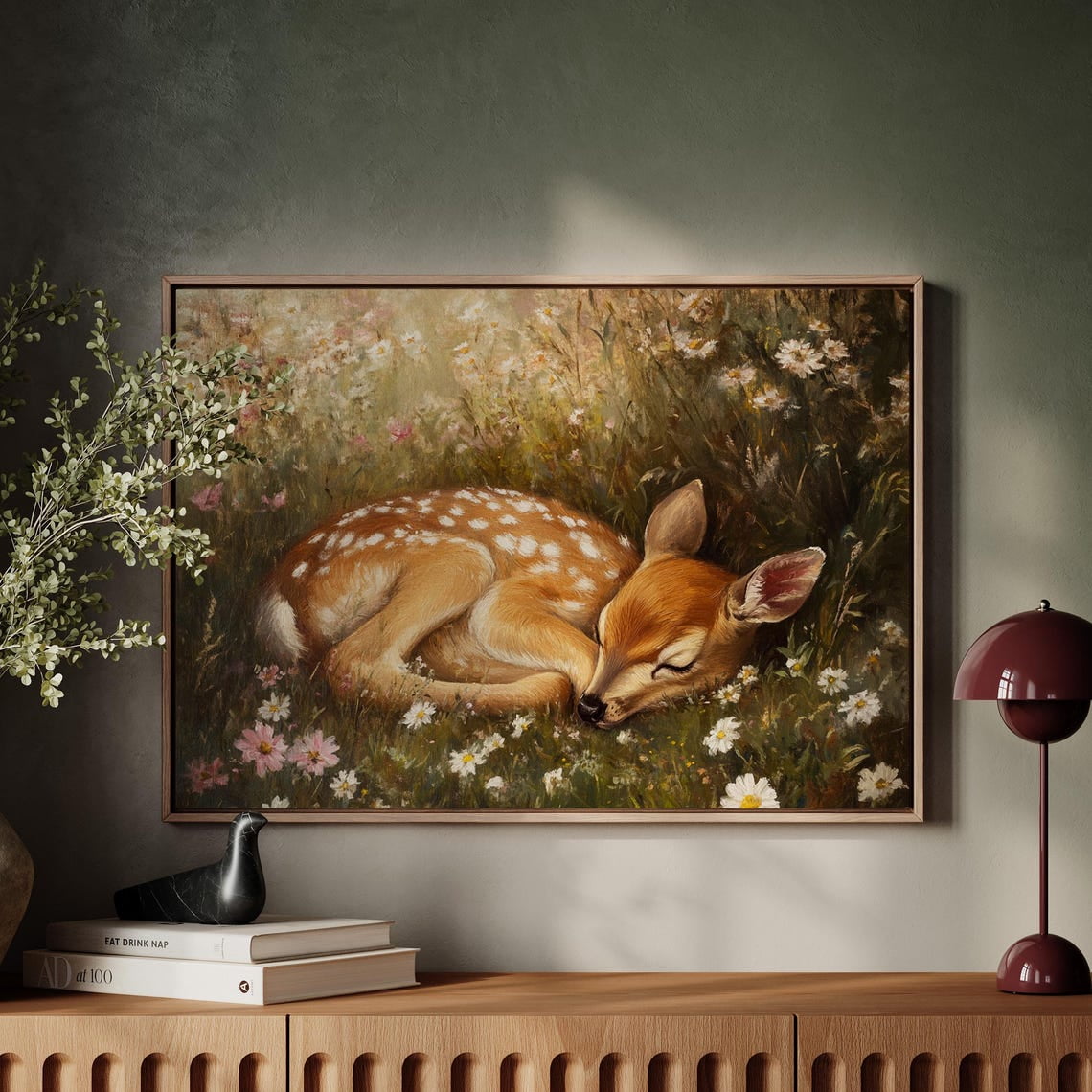 Sleeping Fawn In Wildflowers Wall Art – Woodland Baby Deer Painting ...