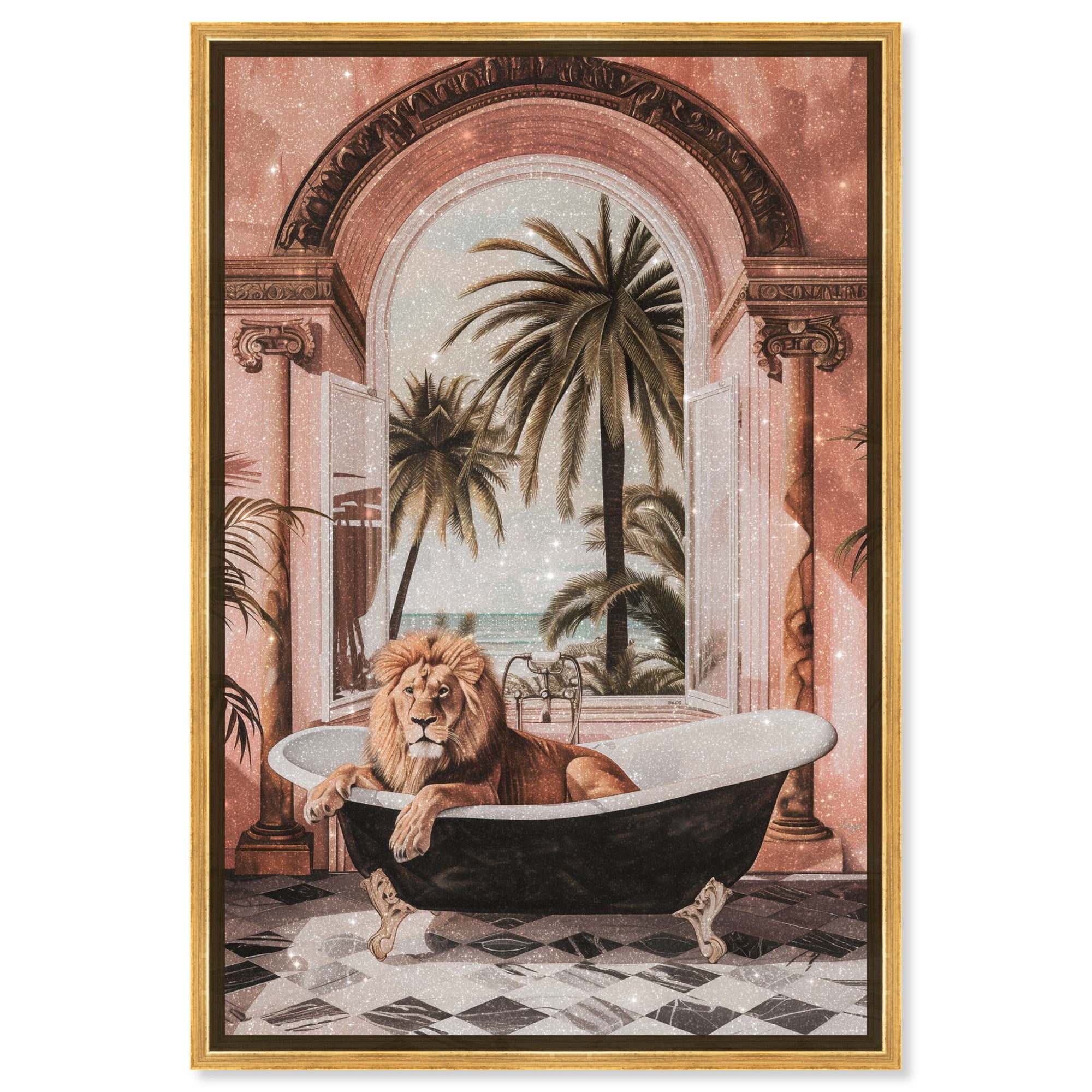Sleeping Lion Bath Canvas Jungle Bathroom Art by Art Remedy, Gold Frame ...