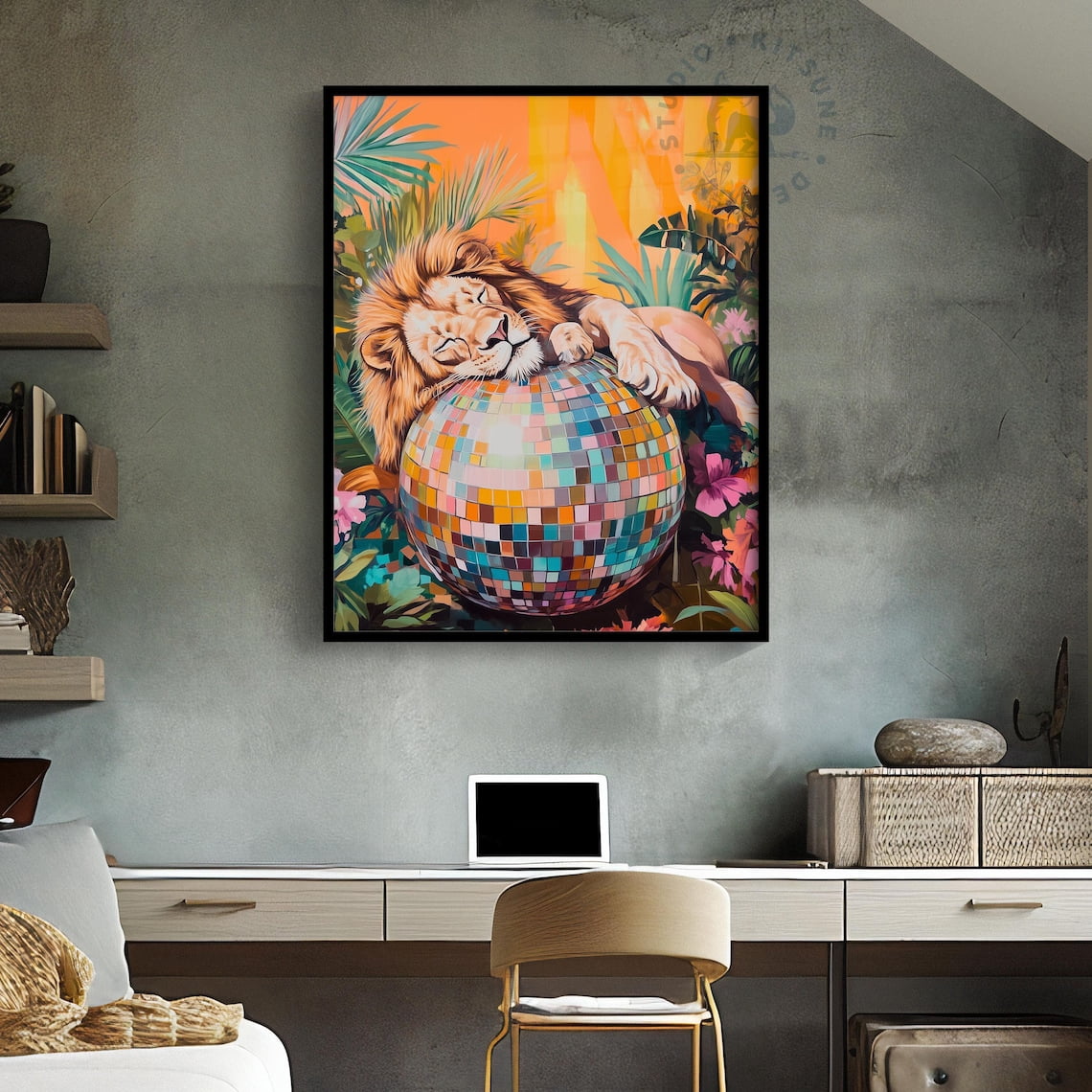 Sleeping Lion Disco Ball Art Funky Jungle Wall Art, Unframed Canvas ...