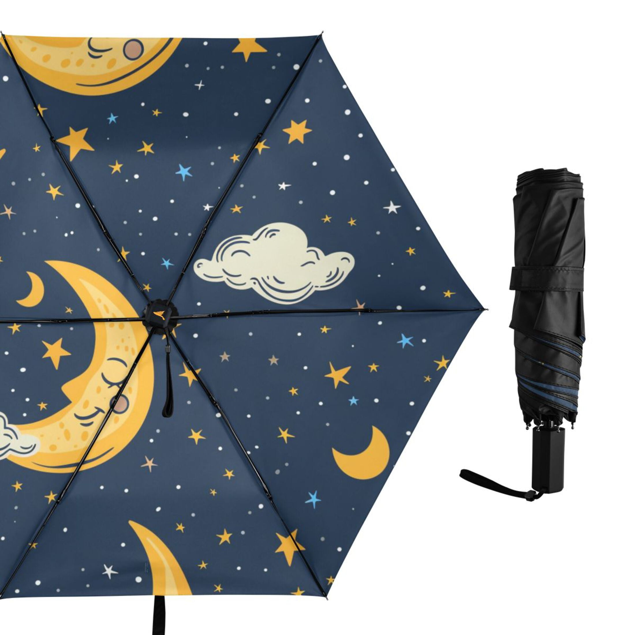 Sleeping Moons Stars and Clouds Triple Folding Umbrella Parasol 6 Ribs ...