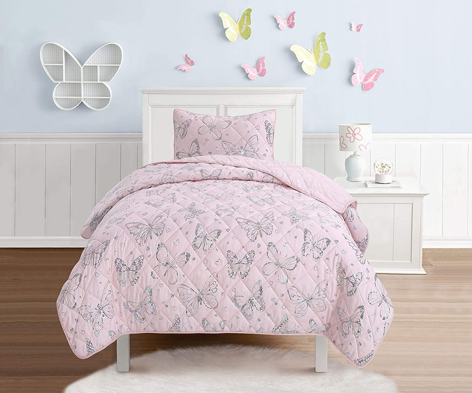 Sleeping Partners 2 Piece Shimmering Metallic Butterfly Quilt Set, Pink ...
