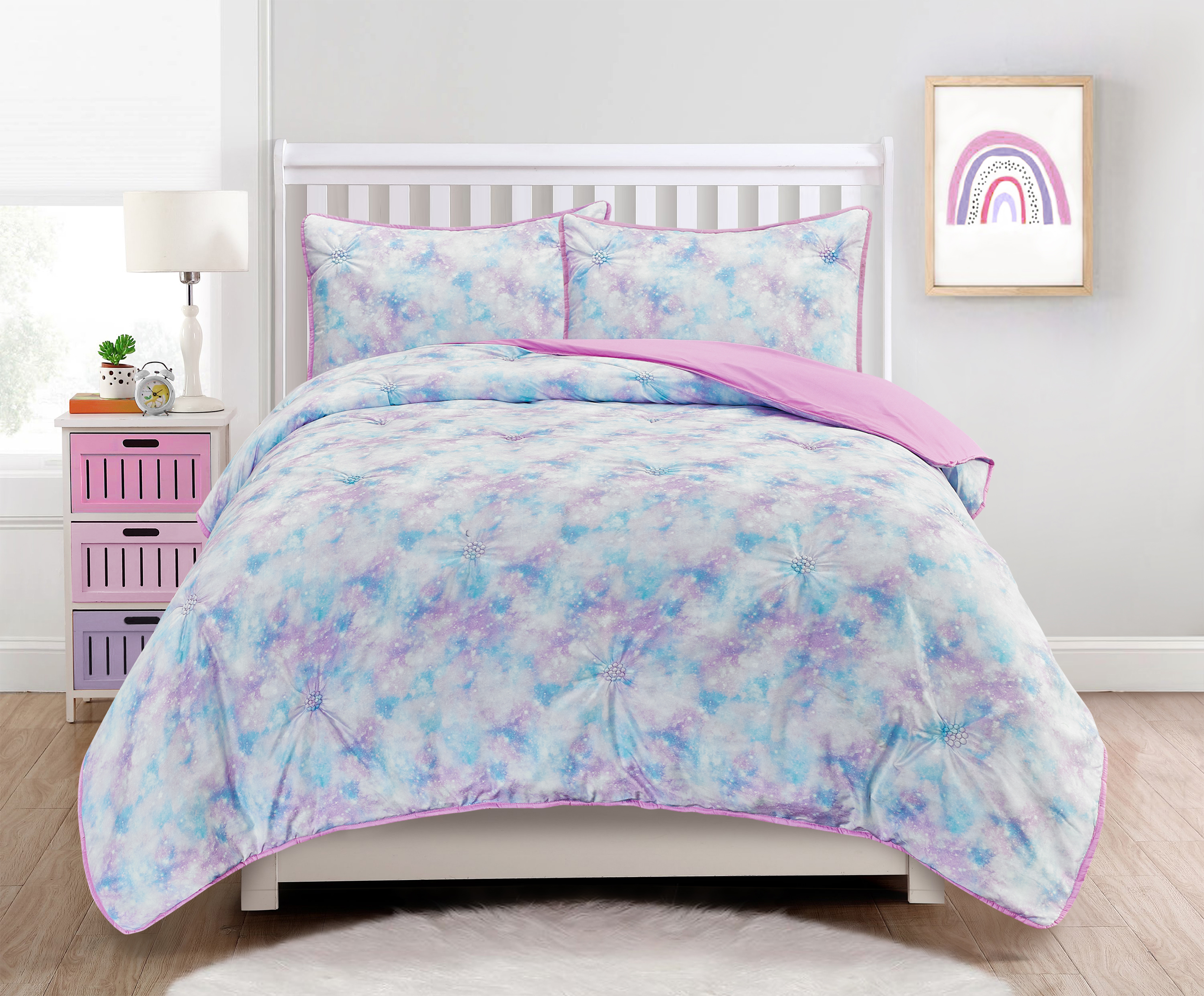 Sleeping Partners 3 Piece Gathered Galaxy Quilt Set, Pink, Light Blue ...