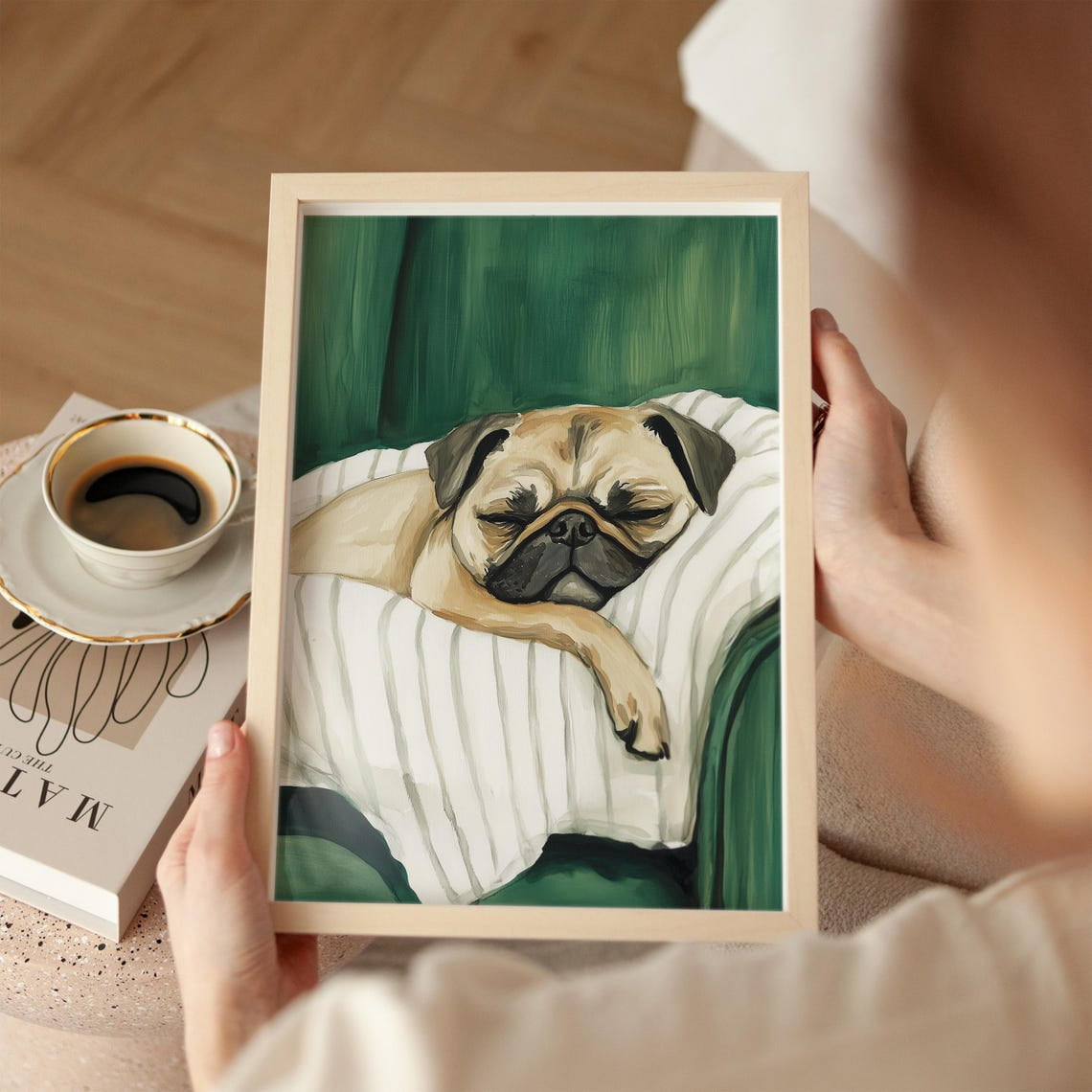 Sleeping Pug Dog Art Print, Cozy Pet On Green Couch Painting, Pug Lover ...