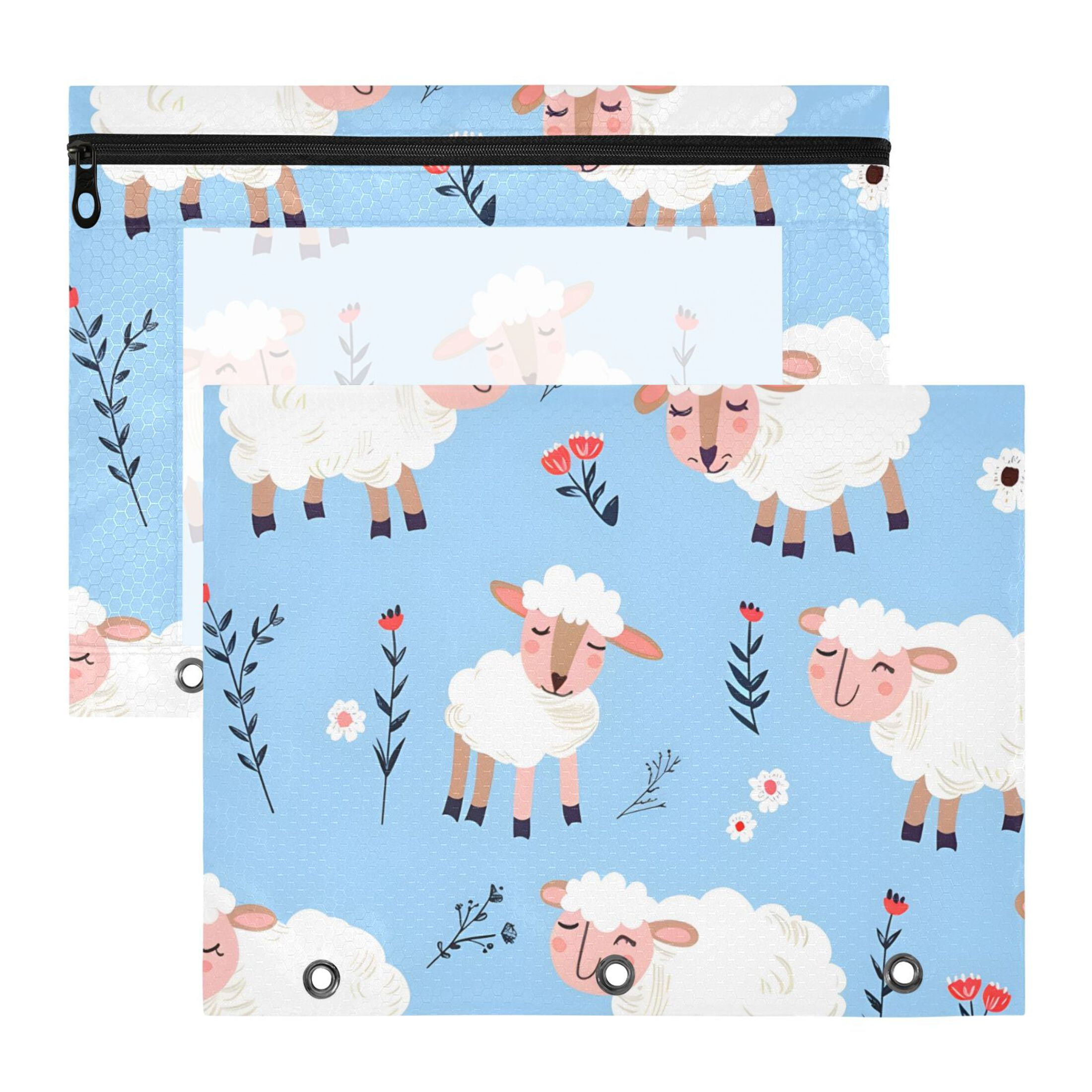 Sleeping Sheep Flowers Leaves 3-Ring Binder Pouches A4 Size Zipper ...