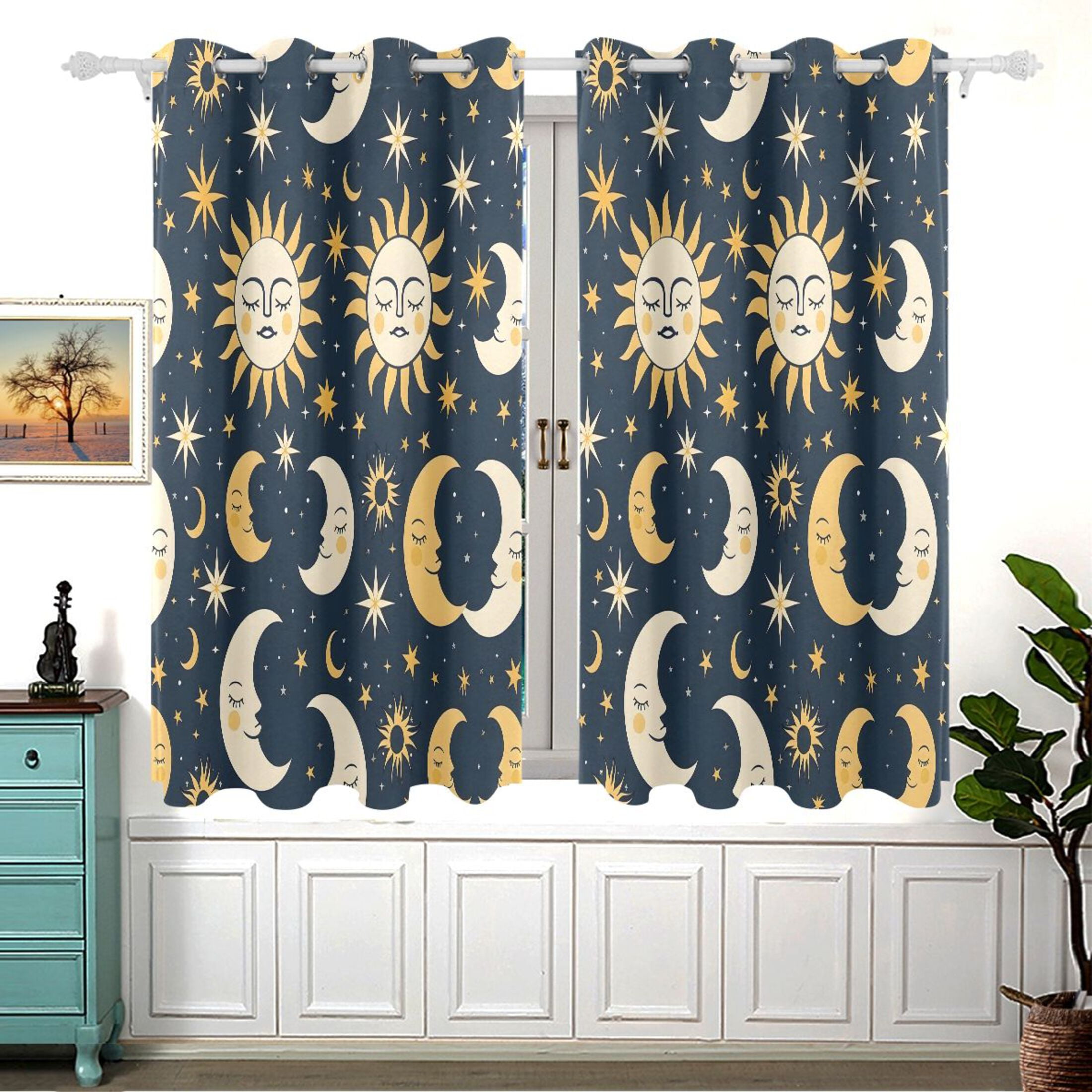 Sleeping Sun and Moon Blackout Curtains 2 Panels Set Grommet Drapes for ...