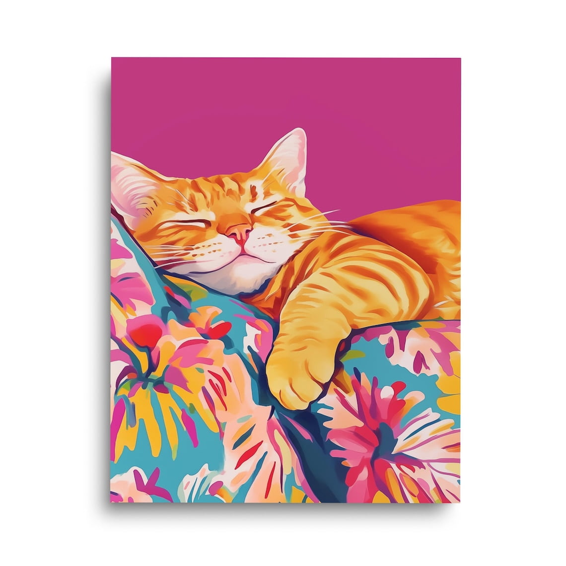 Sleeping Tabby Cat Print, Pink Floral Maximalist Wall Art, Cute Kitten ...