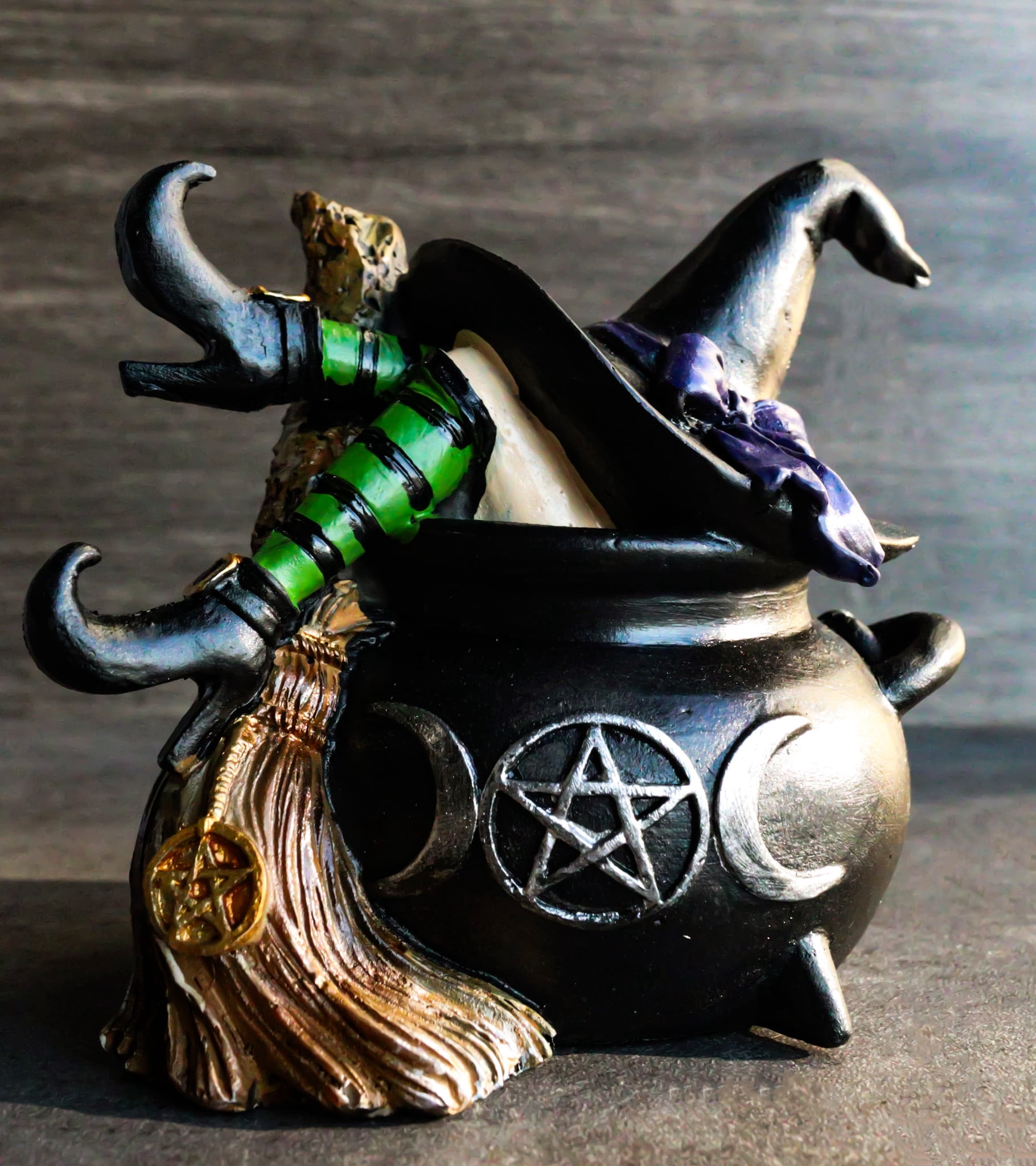 Sleeping Witch with Hat and Broomstick in Triple Moon Fire Cauldron ...