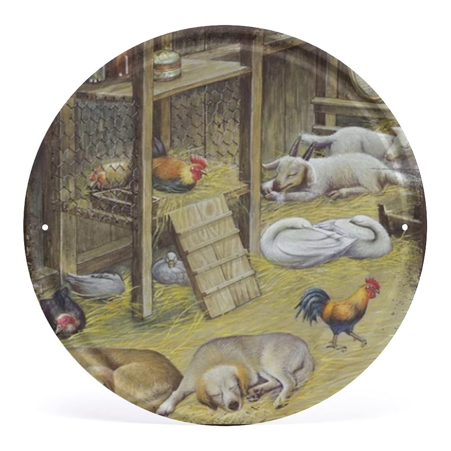Sleeping sheep dog chicken duck Nostalgic Vintage Round Metal Wall ...