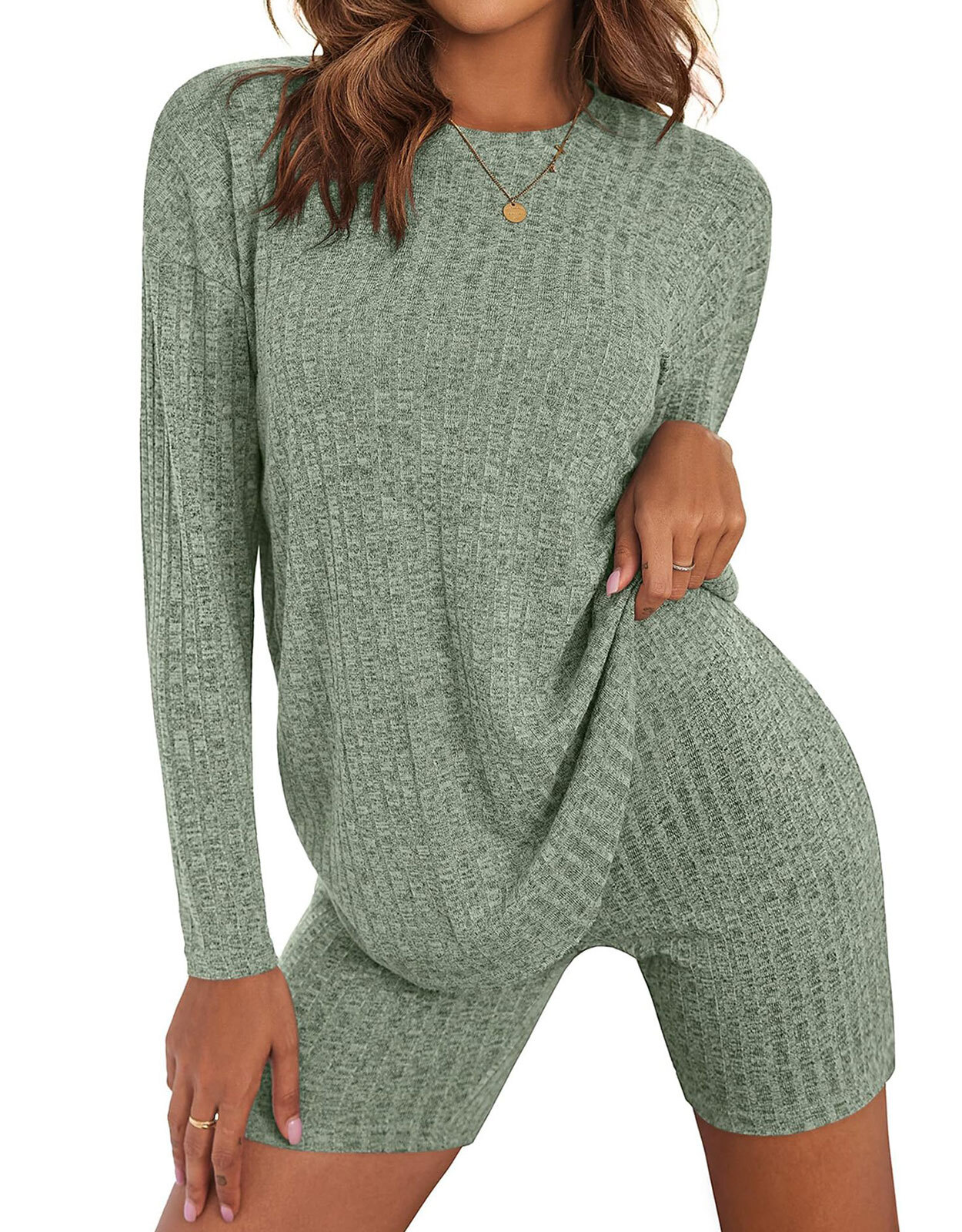 2 Piece Outfits Sets For Women Fashionable V-neck Solid Color Long ...