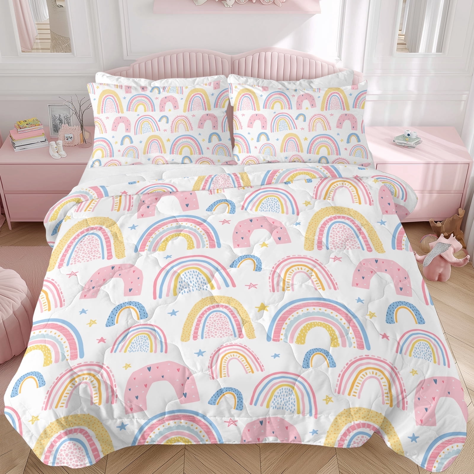 Sleepwish Kids Comforter Set, 3-Piece Pink Rainbow Bedding Sets for ...