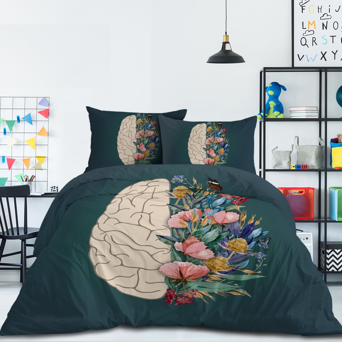 Sleepwish Flowered Brain Anatomy Green Duvet Cover, Soft Bedding Set ...