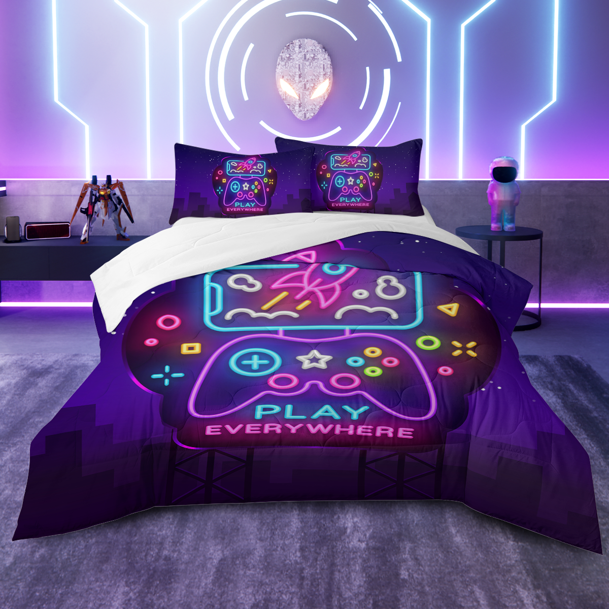 Sleepwish Gaming Comforter Set for Boys, 3-Piece Neon Gamepad Rocket ...