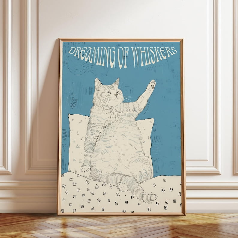 Sleepy Cat Wall Art - Dreaming Of Whiskers Art Print – Blue Cat ...