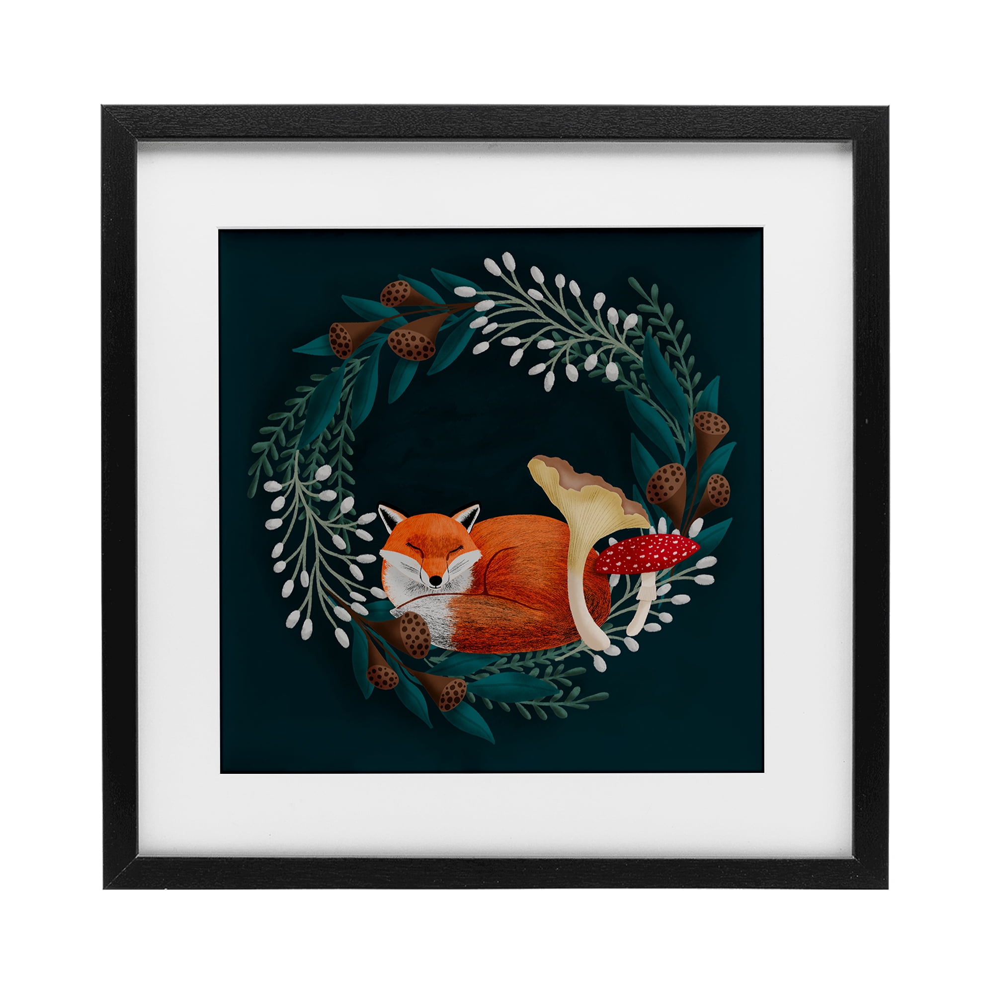 Sleepy Fox in Botanical Wreath Black Framed Print Under Glass, design ...