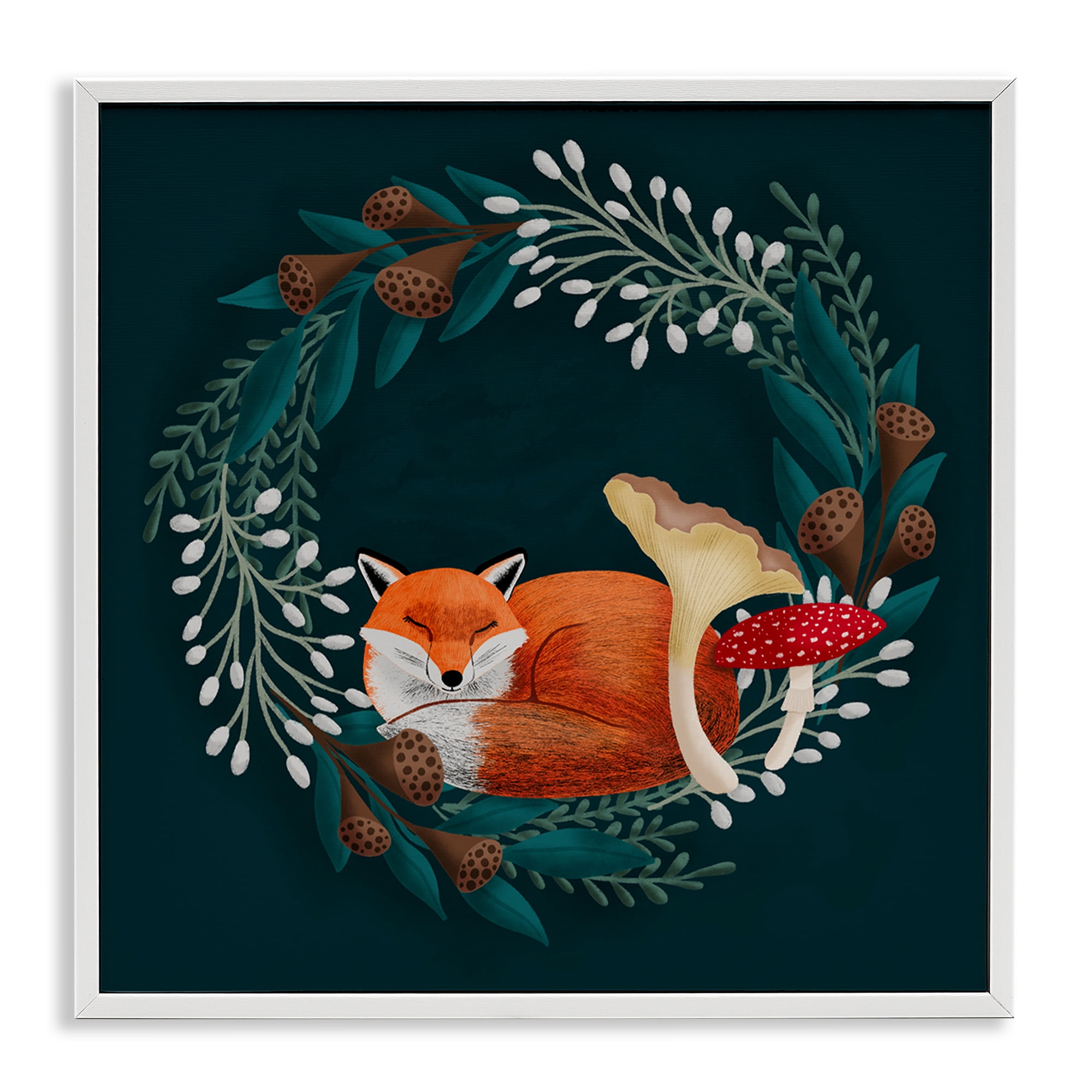 Sleepy Fox in Botanical Wreath White Framed Giclee Art, design by Metka ...