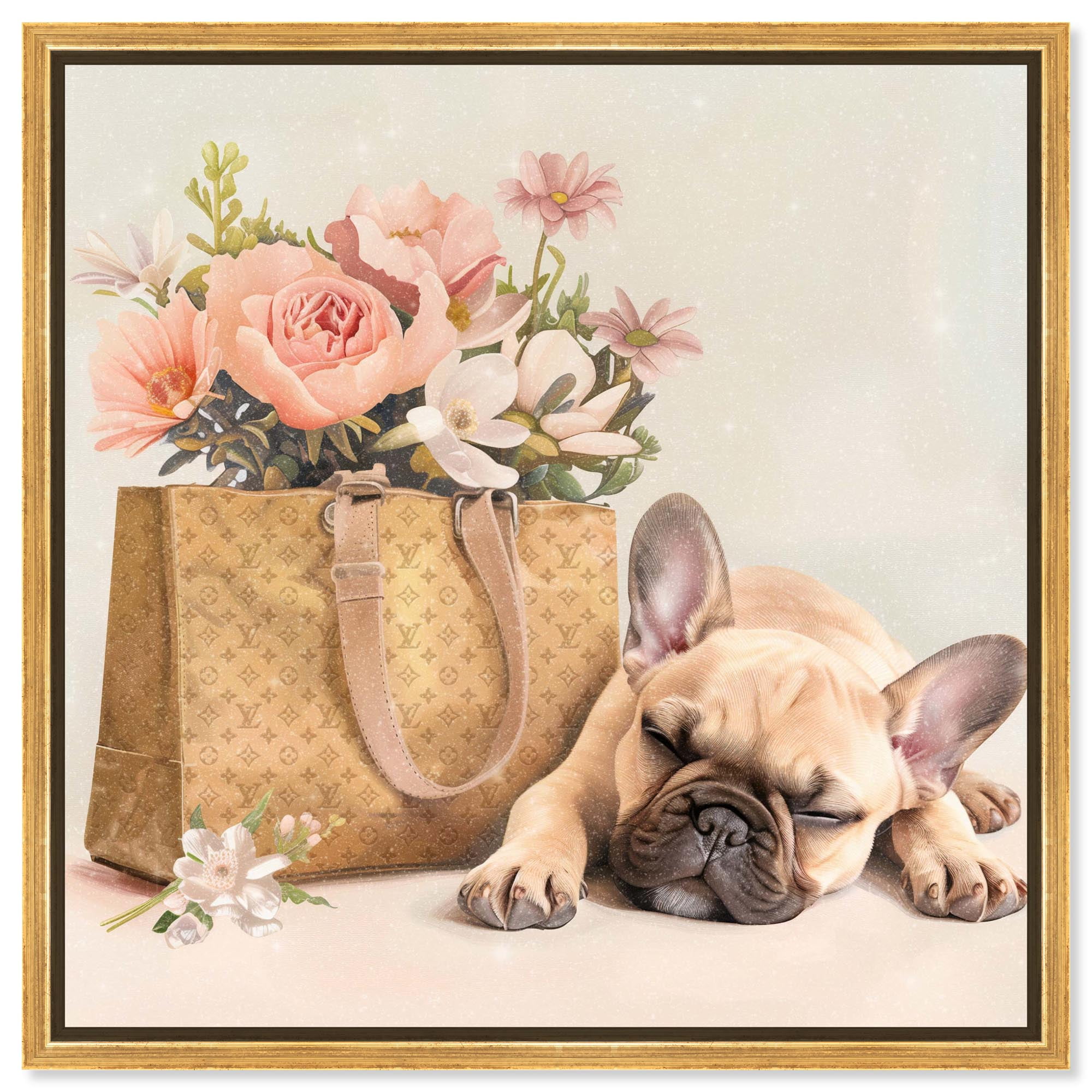 Sleepy Frenchie Shopping Bag Canvas Fashion Pet Art by Art Remedy, Gold ...