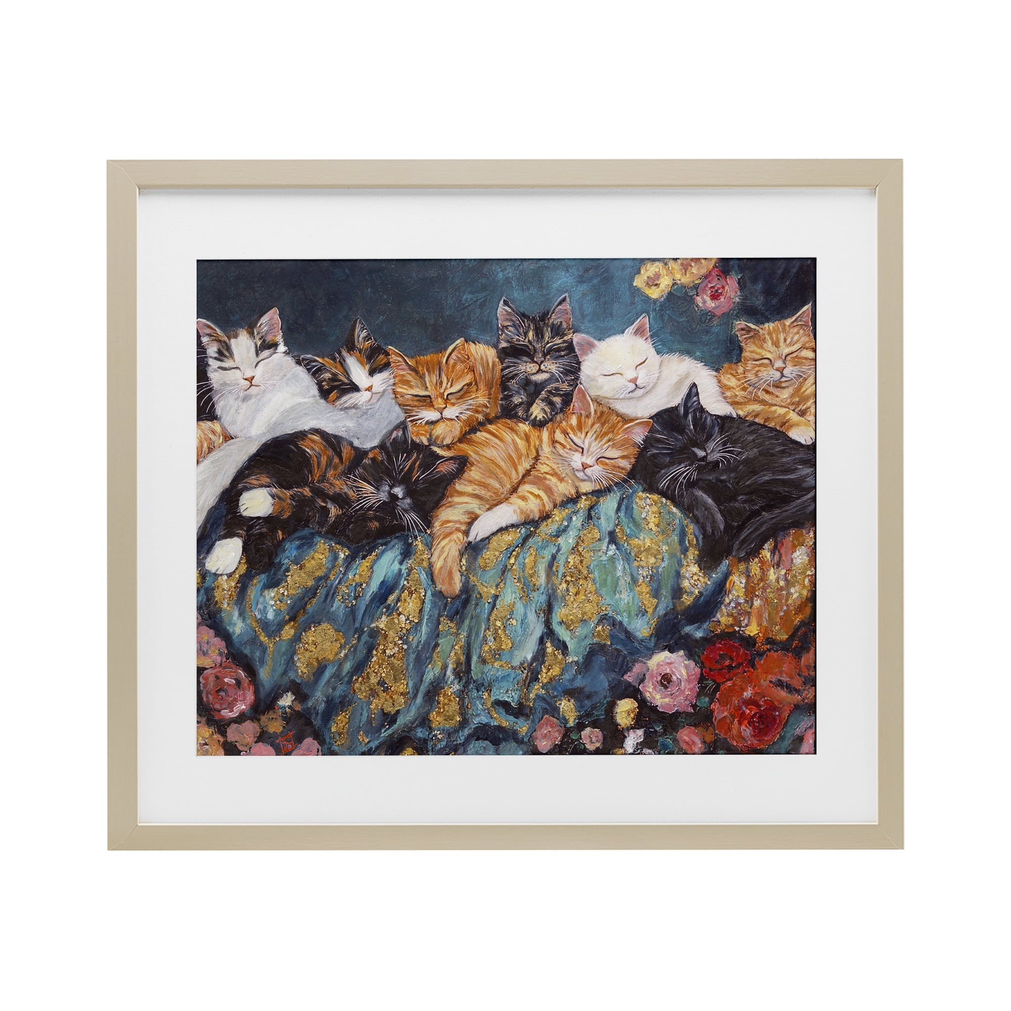 Sleepy Kitty Crowd with Flowers Birch Framed Print Under Glass, design ...