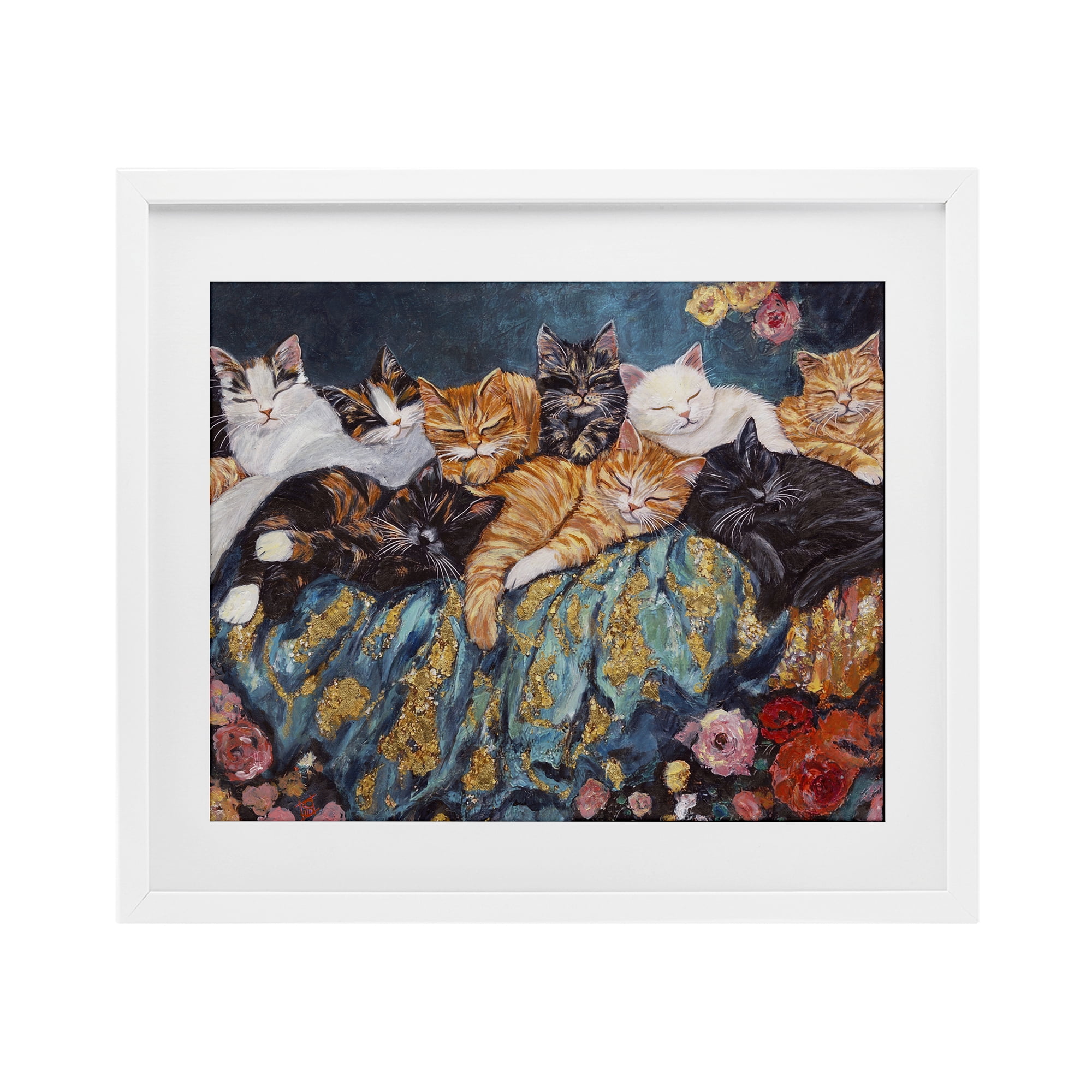 Sleepy Kitty Crowd with Flowers White Framed Print Under Glass, design ...