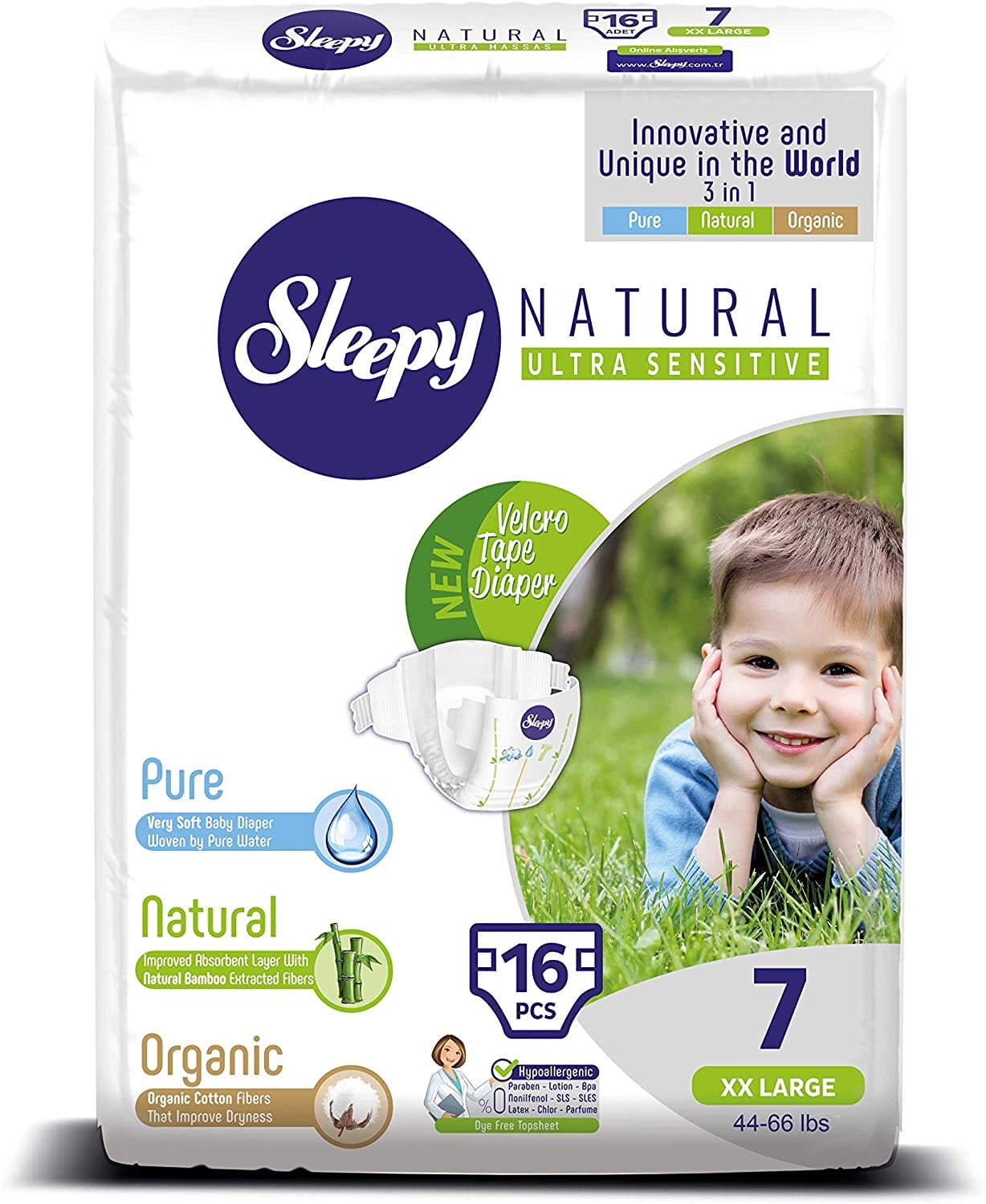 Sleepy Natural Soft Velcro Baby Diapers, Jumbo Pack, Size 7/XXLarge, 16 ...