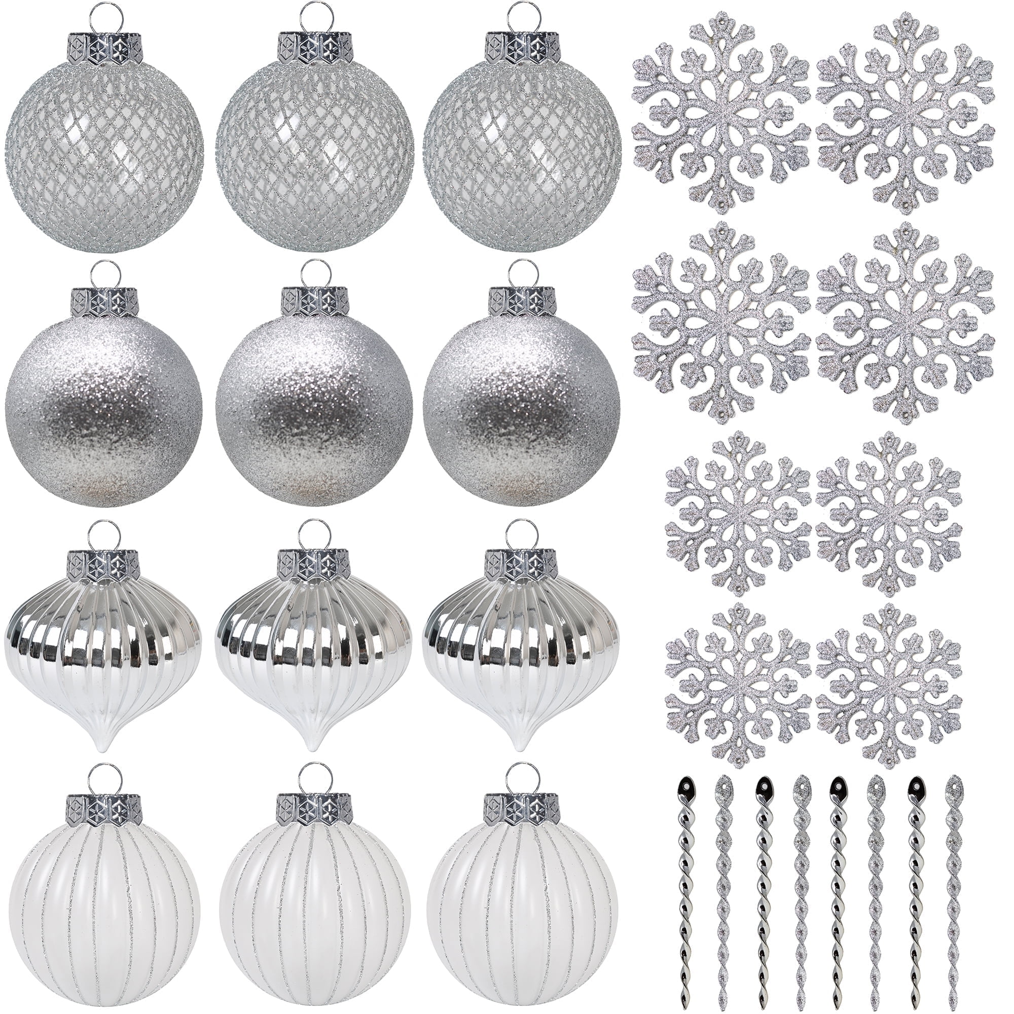 SLEETLY 28pk Silver Ornaments for Christmas Tree Holiday Xmas Decorations, Shatterproof Plastic ...