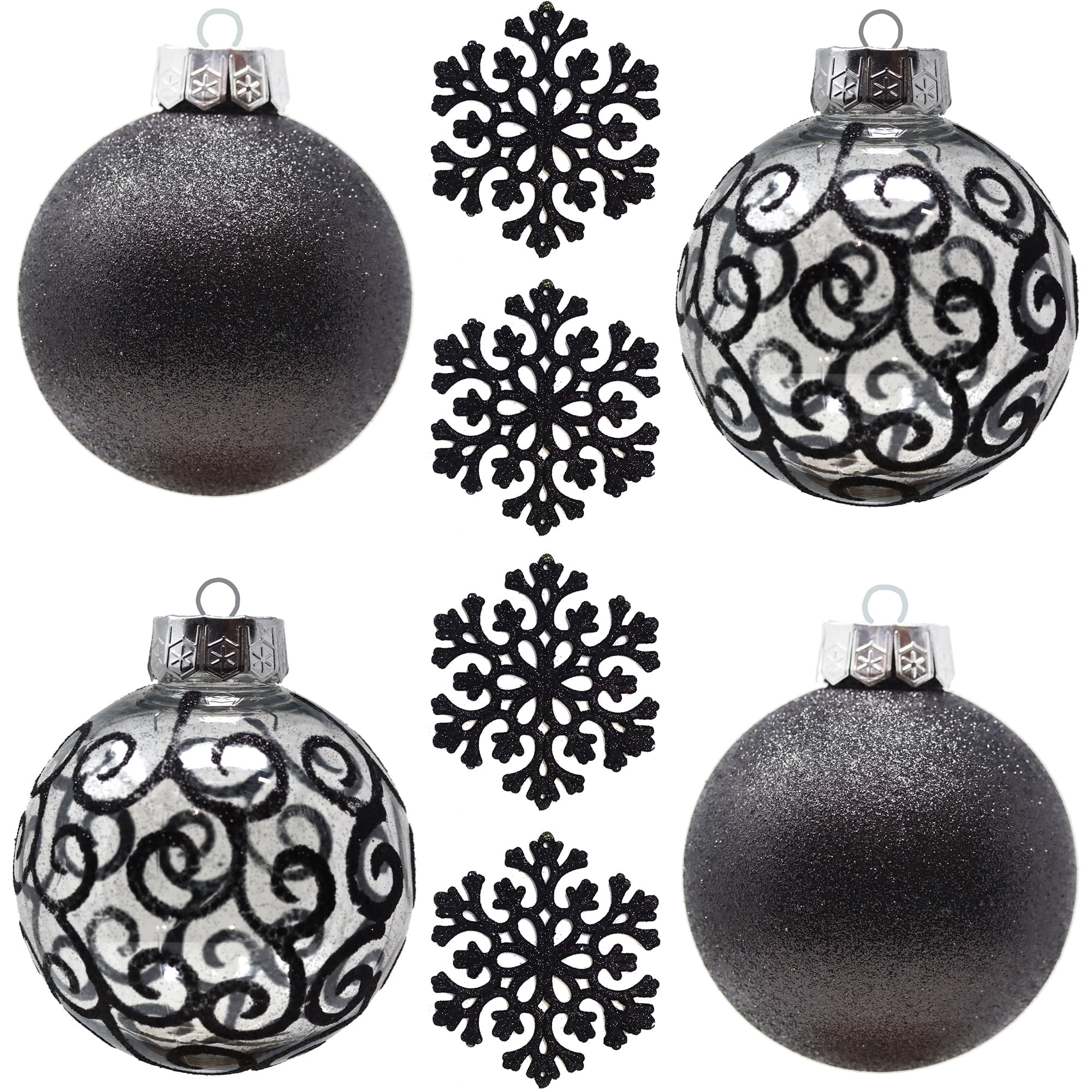 SLEETLY Big Black Ornaments for Farmhouse Christmas Tree Holiday Xmas Decorations for Christmas Large Shatterproof Plastic 4.72 inch Glitter Snow