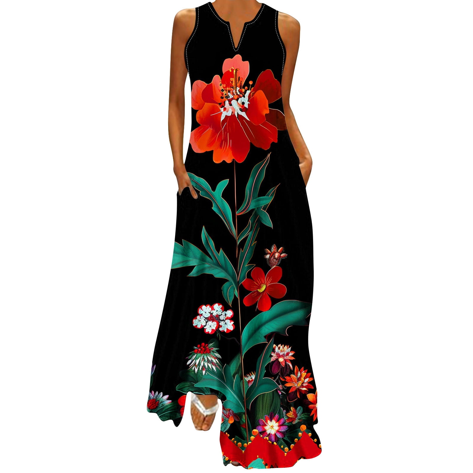 Sleeveless Maxi Long Dress with Pockets Floral Printed V Neck Casual ...