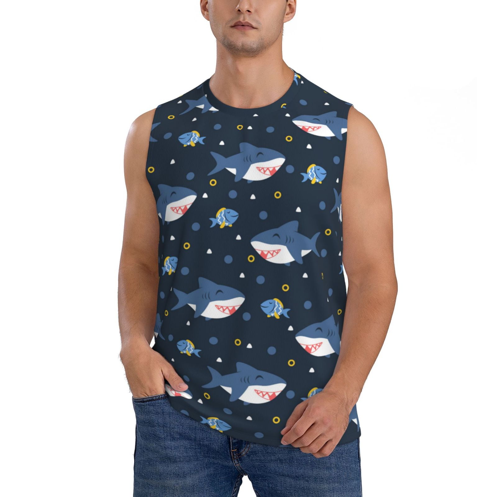 Sleeveless Shirts for Men - Cartoon Happy Cute Shark Graphic Tank Tops ...