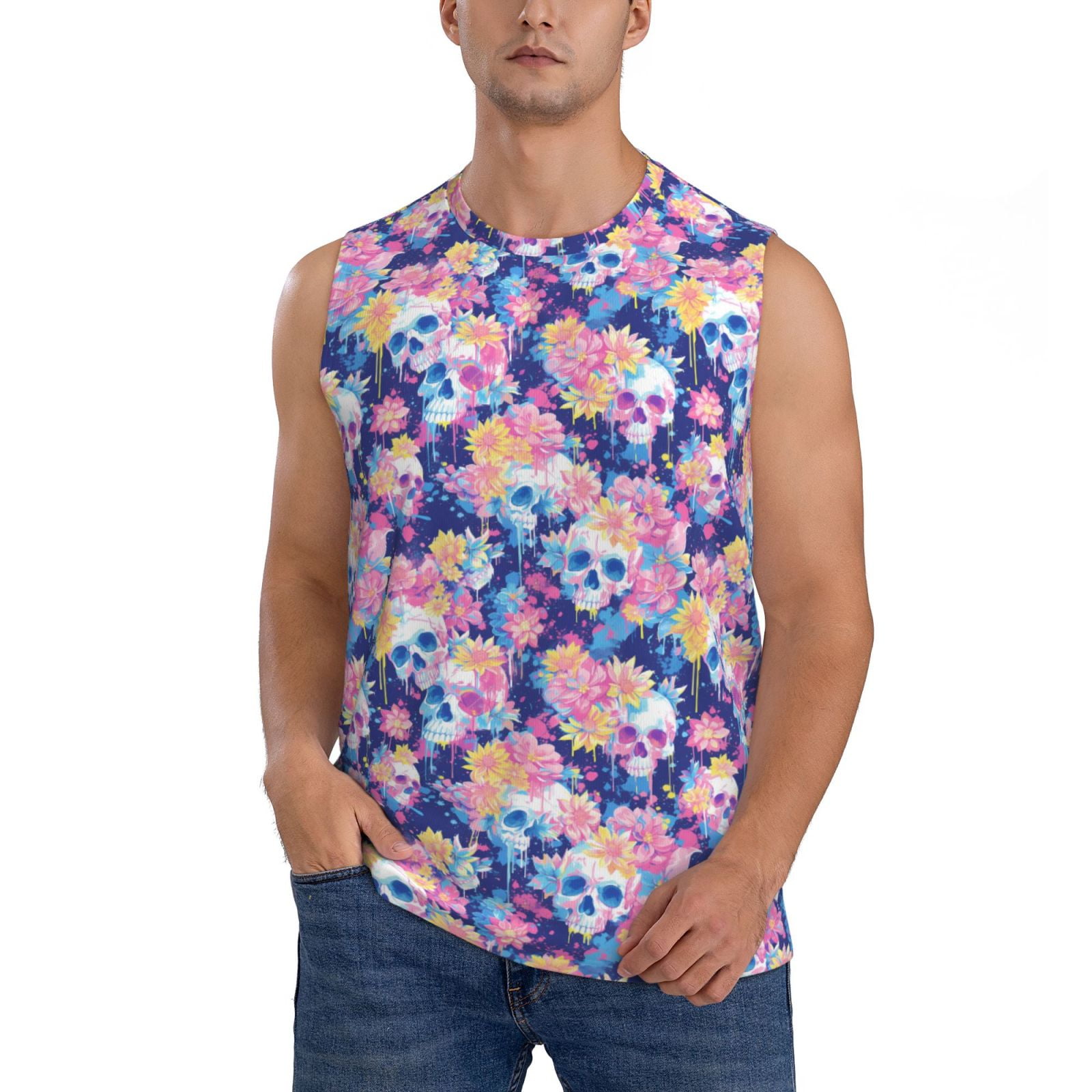 Sleeveless Shirts for Men - graffiti style Skull flower Graphic Tank ...
