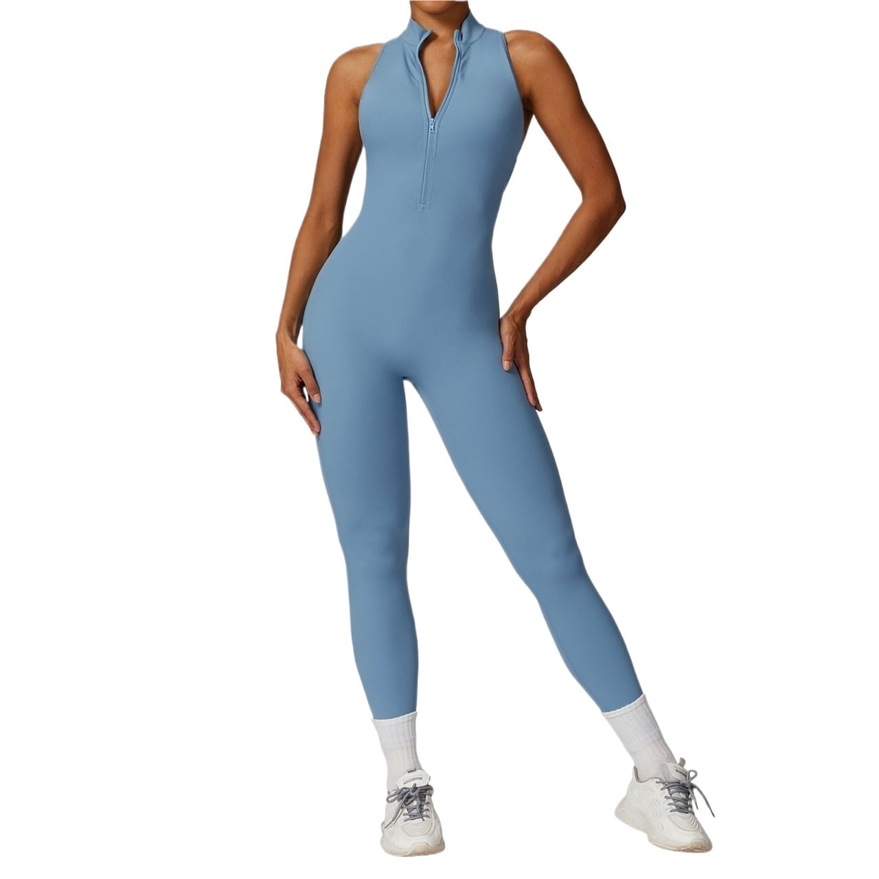 Sleeveless Workout Jumpsuit For Women Zip Up Romper Shorts V Back ...