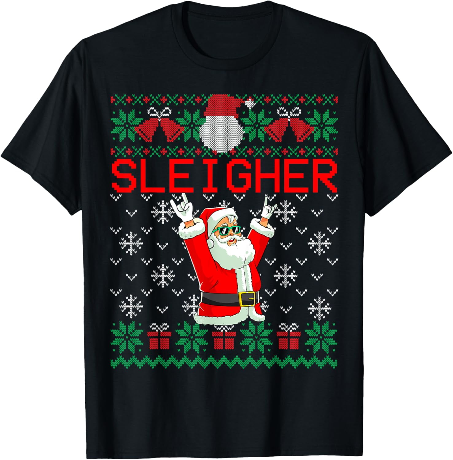 Sleigher Heavy Metal Music Hail Santa Ugly Christmas Sweater T-Shirt ...