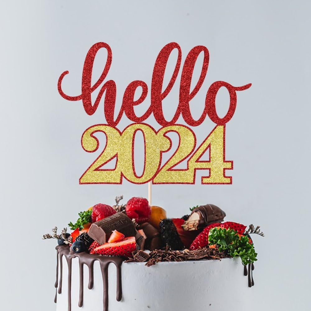 Sleyberoy Hello 2024 Cake Topper-Welcome to Happy New Year 2024, Cheers ...