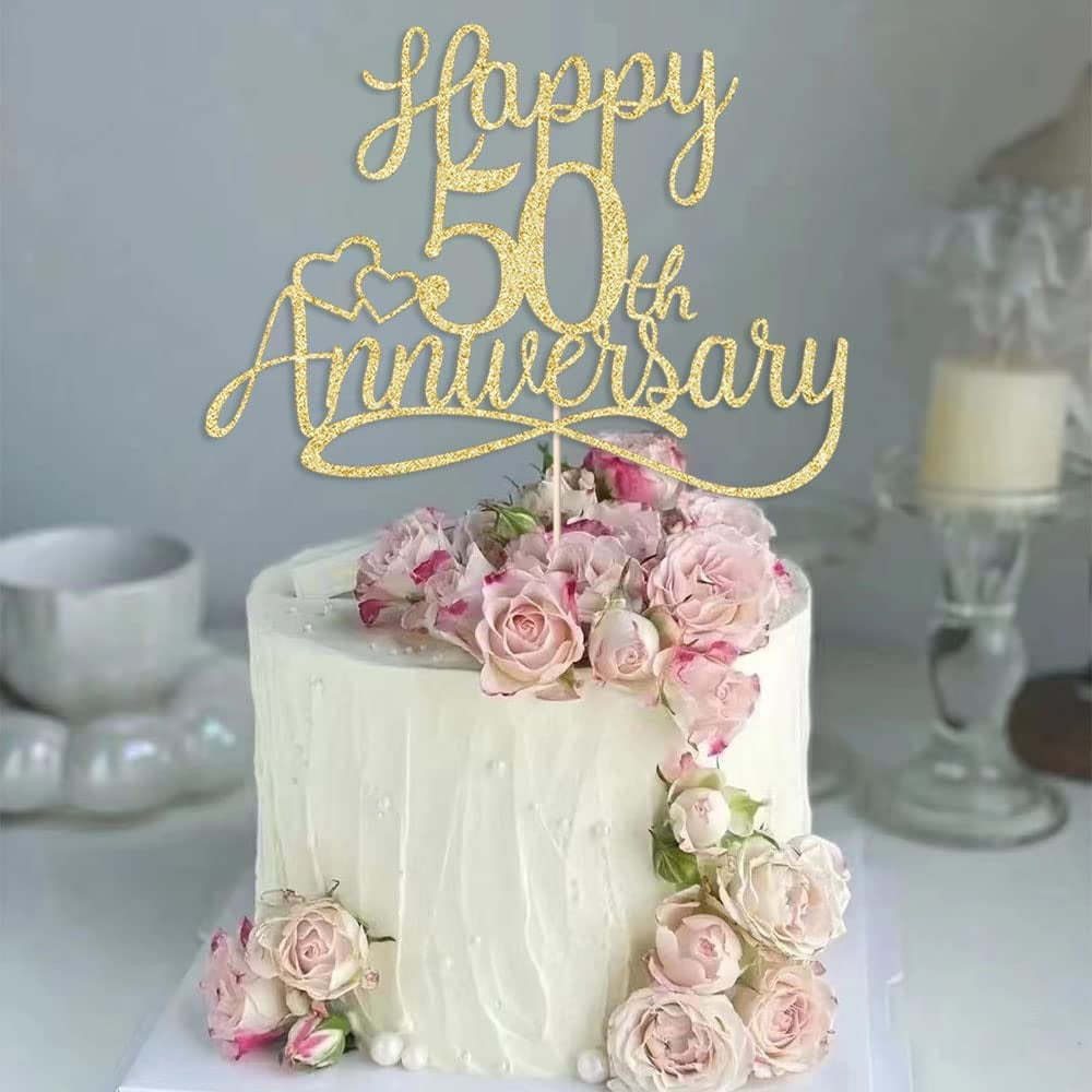 Sleyberoy golden Glitter Happy 50th Anniversary Cake Toppers -Wedding ...