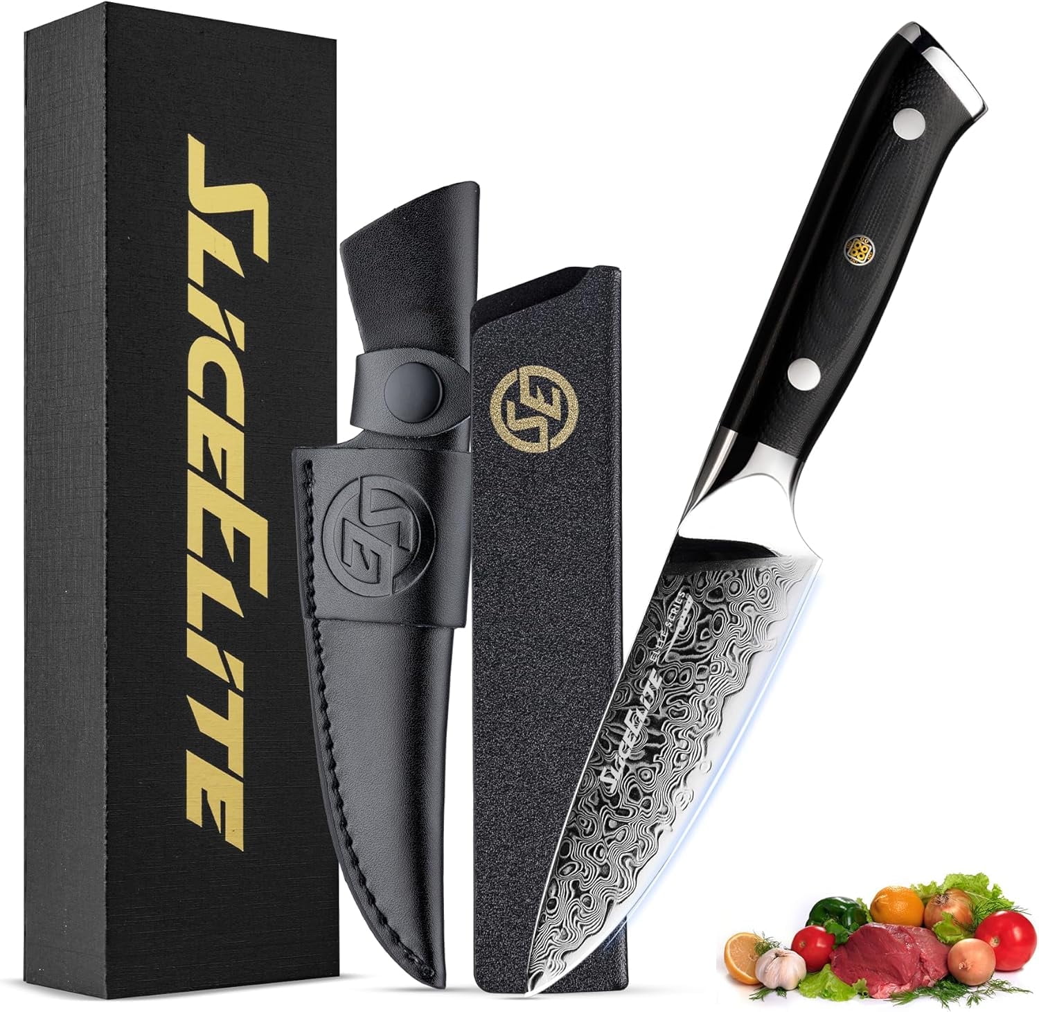 SliceElite Elite Series 3.5-Inch Damascus Paring Knife – VG10 Steel Blade with G10 Handle, Dual ...
